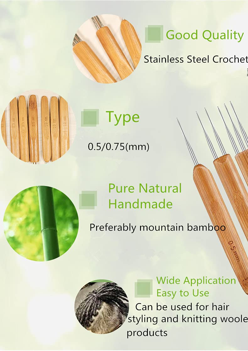LDCREEE 3 Pieces Dreadlock Hook Tool, 3 Dreadlocks Crochet Hooks, Crochet Hook Needle for Hair Dreadlock Braid Craft 0.75mm 1 Hook, 2 Hooks, 3 Hooks (Wood color-3pcs)