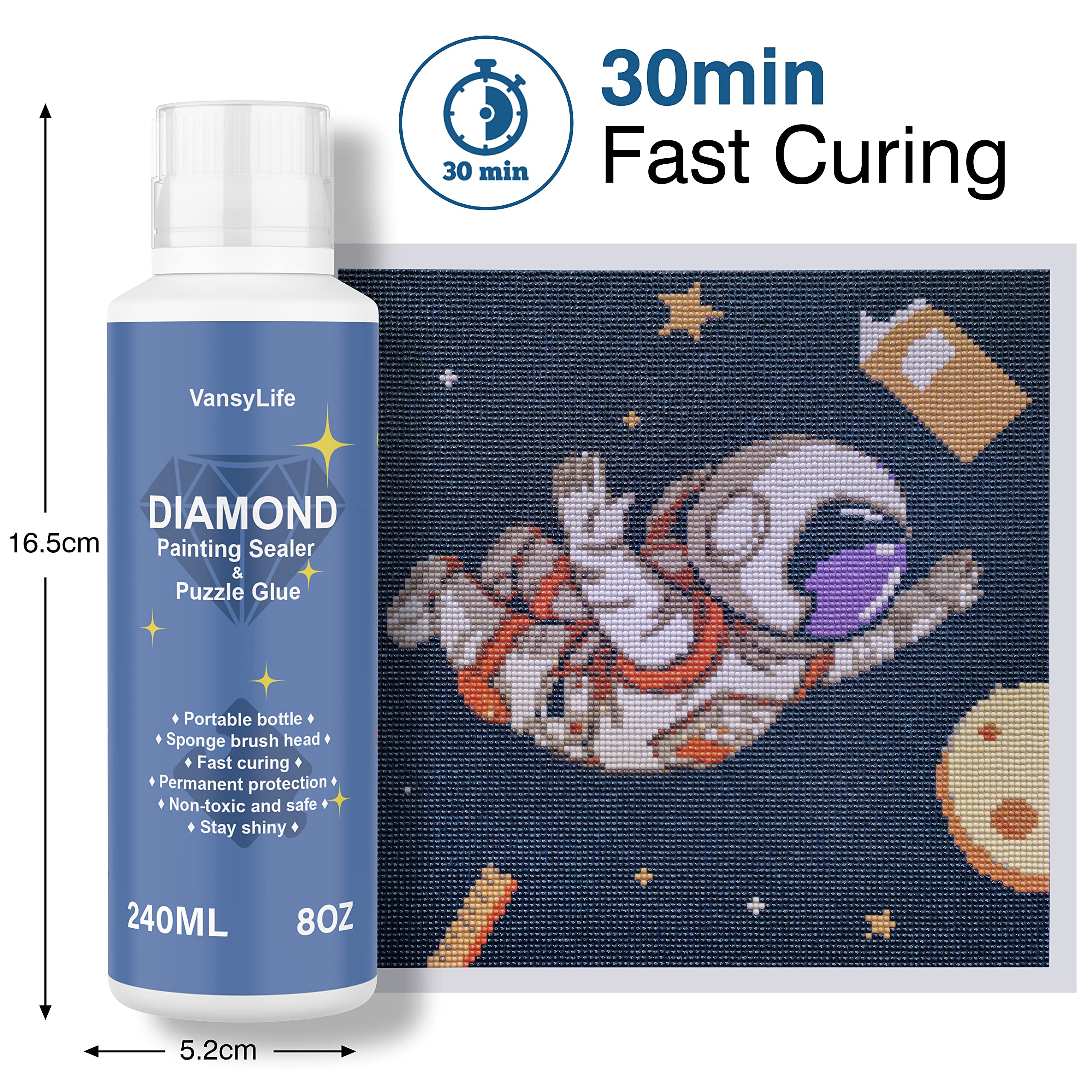 VansyLife 240ML Diamond Painting Sealer with Sponge Head, 5D Diamond Painting Glue and Jigsaw Puzzle Glue for Permanent Hold & Shine Effect (8 OZ)