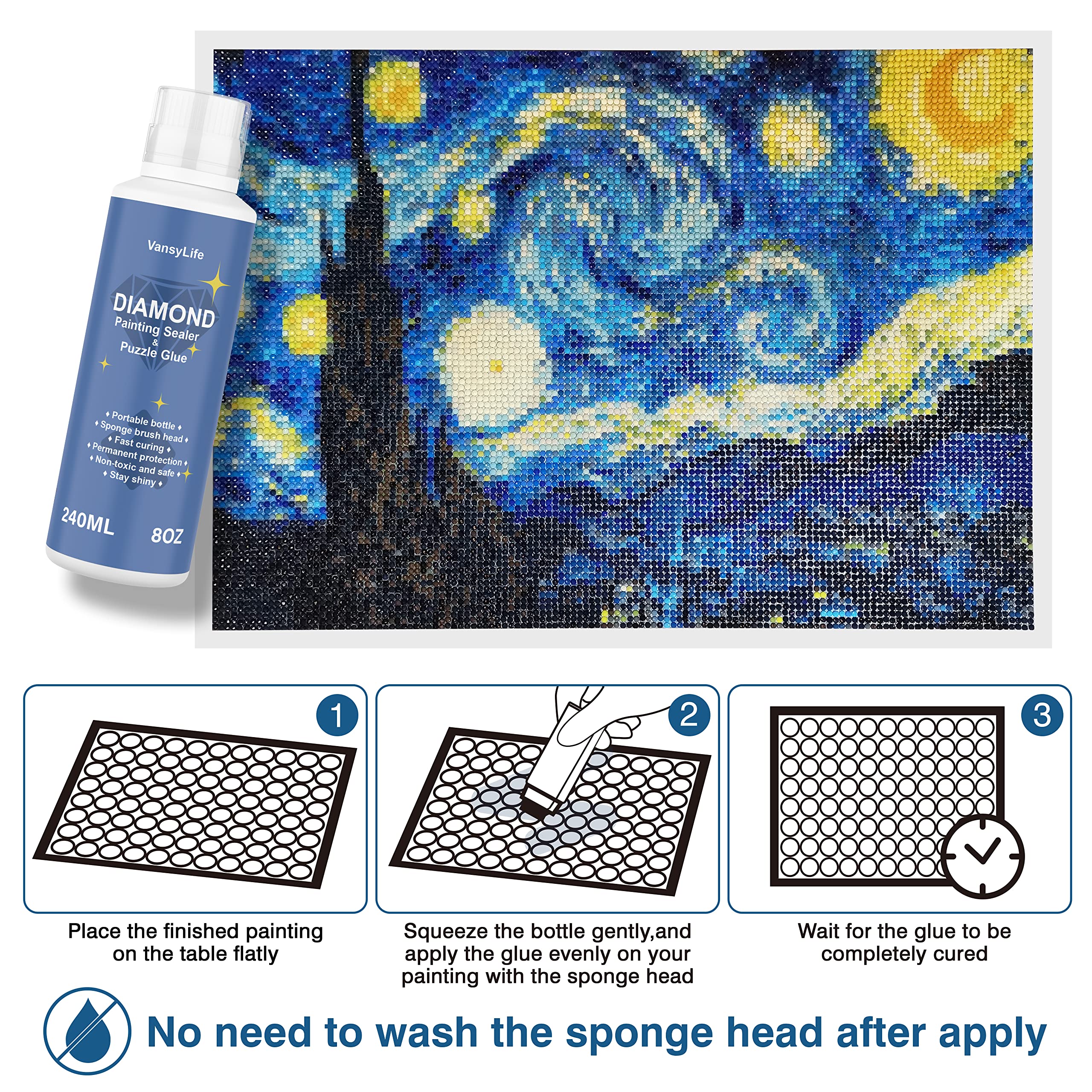 VansyLife 240ML Diamond Painting Sealer with Sponge Head, 5D Diamond Painting Glue and Jigsaw Puzzle Glue for Permanent Hold & Shine Effect (8 OZ)