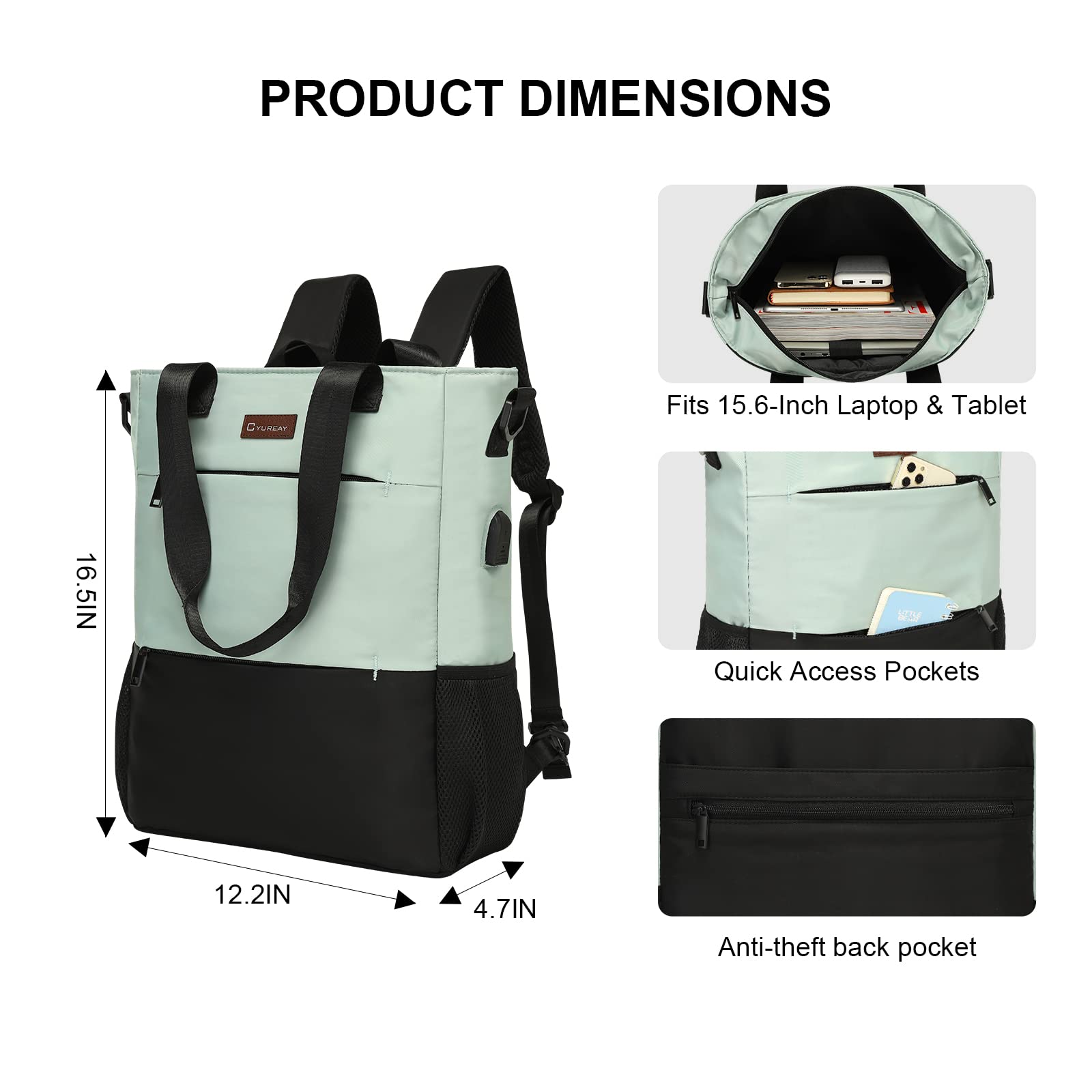 CYUREAY Convertible Backpack Bundle Tote Women Laptop Daypack Water Resistant Wide Top Open Casual Sunday School Bag for Work Computer College School Fits 15.6-Inch Laptop & Tablet