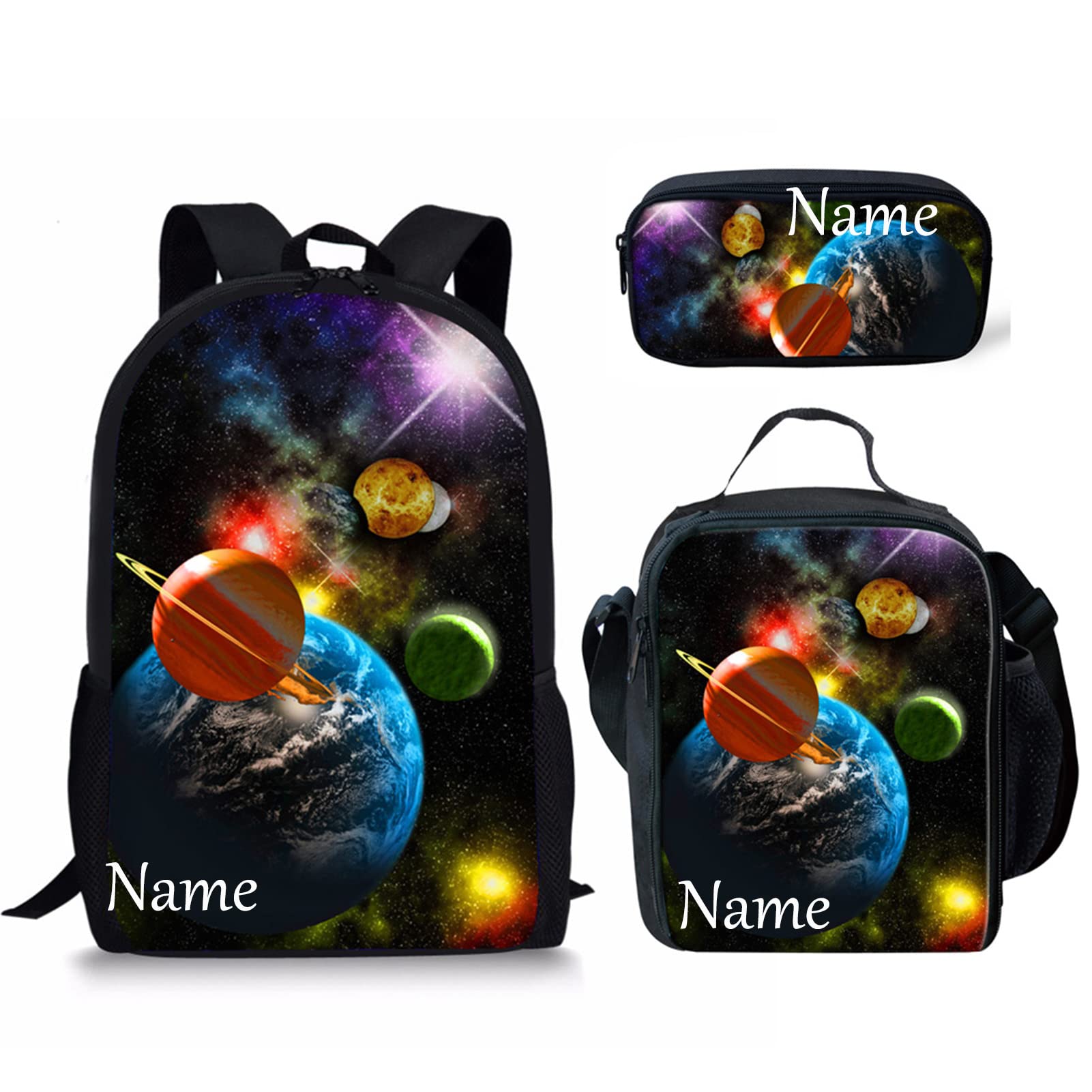UNICEU 3 Pieces Set Cosmic Planet Galaxy Backpack+Insulated Lunch Box+Pencil Bag for Kids Back to School