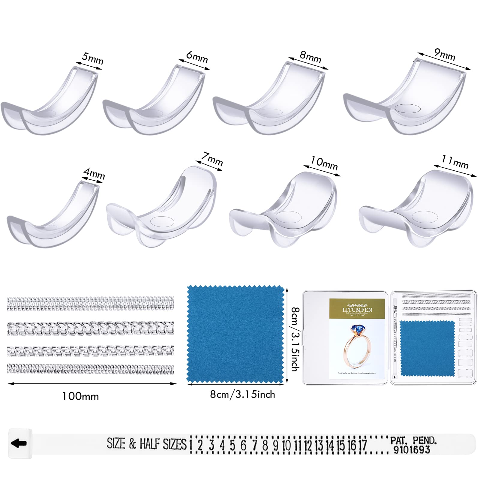 Hicarer Invisible Ring Size Adjusters Guard Ring Sizer Loose Ring Size Adjusters with Ring Sizer Measuring Tool Polishing Cloth for Man and Woman Rings, 69 Pieces (Transparent)