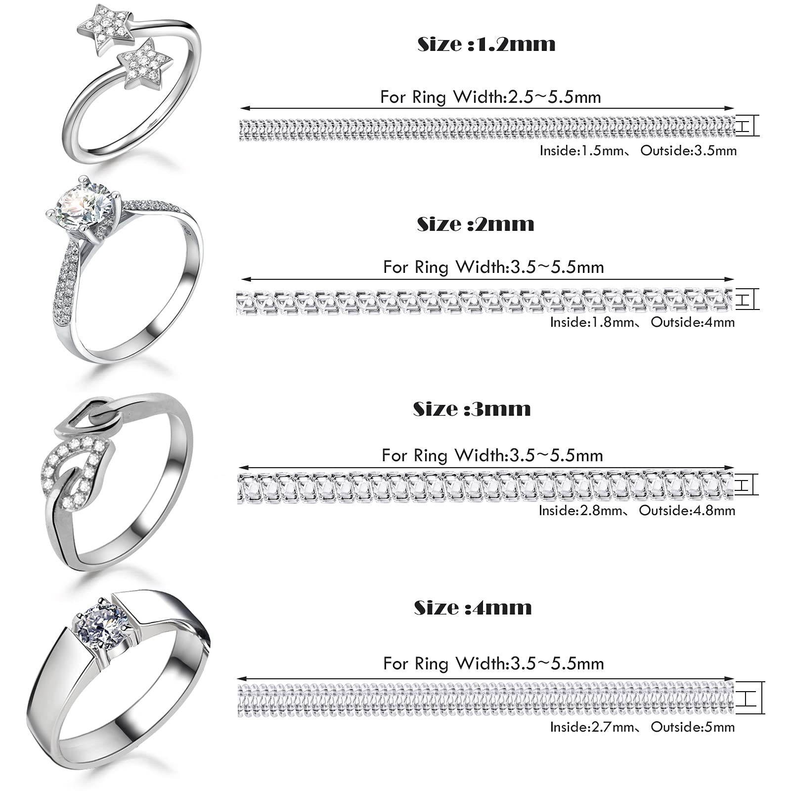 Hicarer Invisible Ring Size Adjusters Guard Ring Sizer Loose Ring Size Adjusters with Ring Sizer Measuring Tool Polishing Cloth for Man and Woman Rings, 69 Pieces (Transparent)