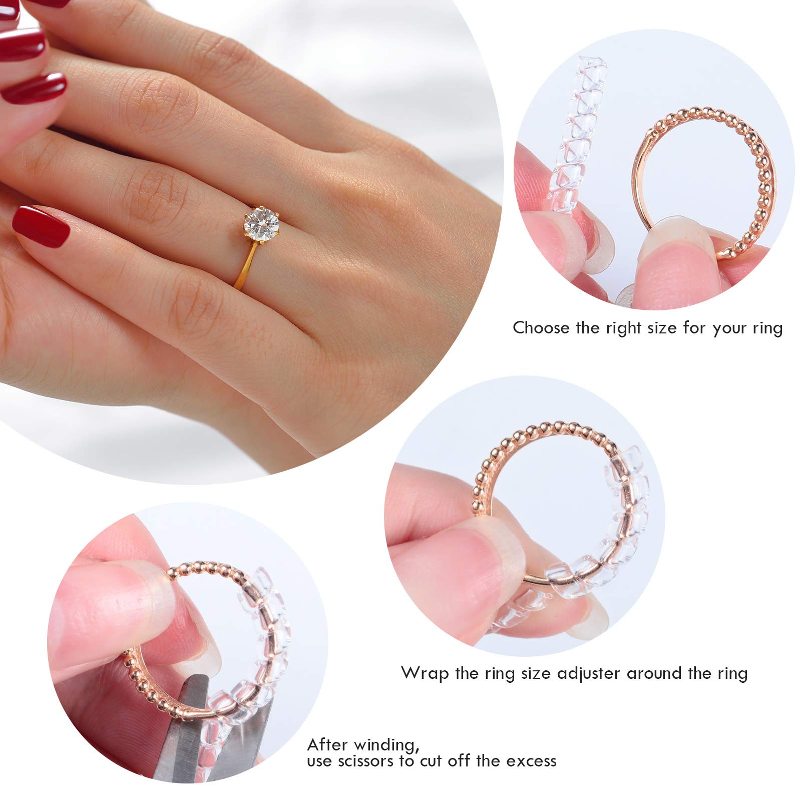 Hicarer Invisible Ring Size Adjusters Guard Ring Sizer Loose Ring Size Adjusters with Ring Sizer Measuring Tool Polishing Cloth for Man and Woman Rings, 69 Pieces (Transparent)