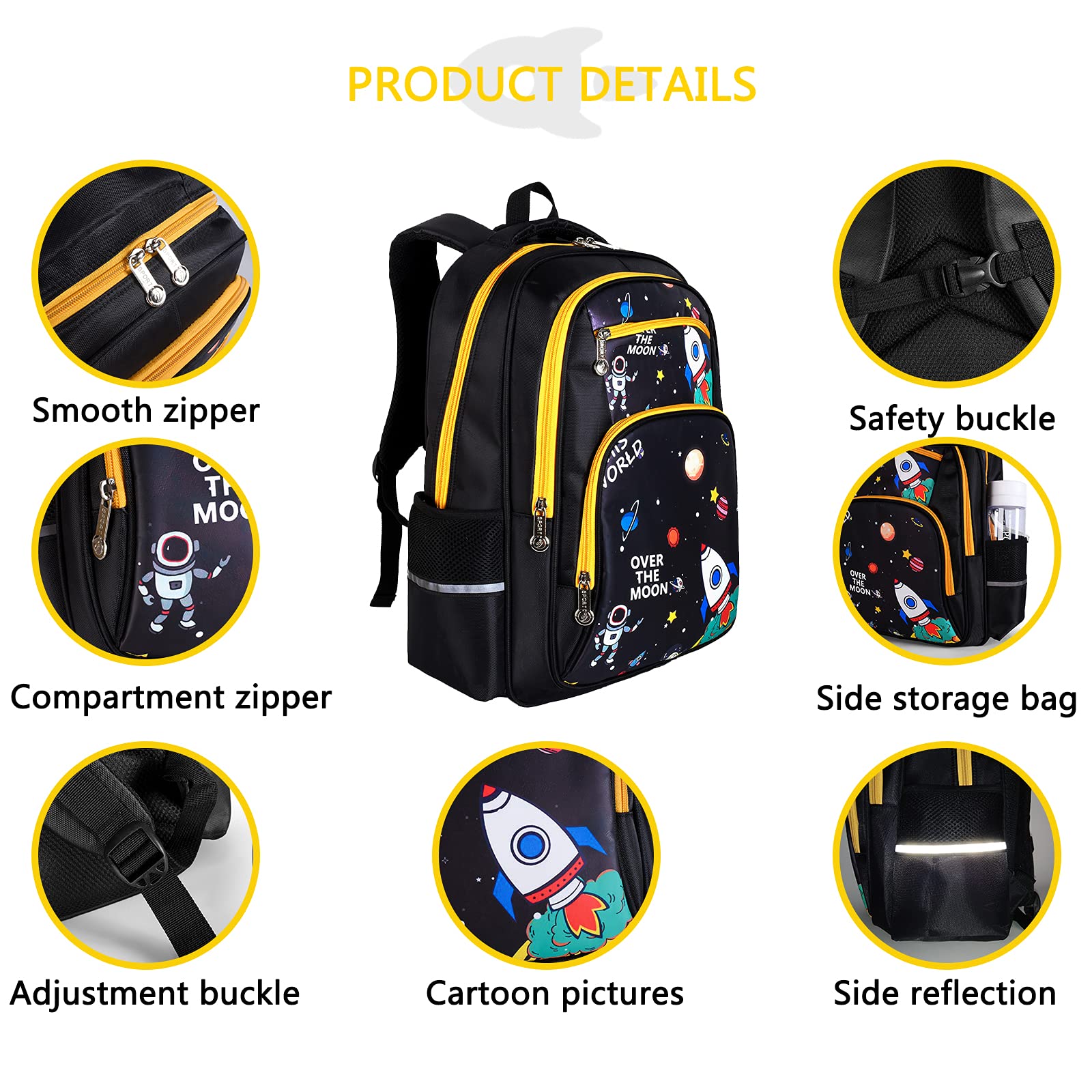 Rafaelle Kids Backpack for Boys Elementary Kindergarten with Astonauts Outer Space Ship Alien Galaxy Prints Large Capacity Preschool School Bag (black, 16 * 12 * 7 Inch / 40 * 30 * 17 cm)