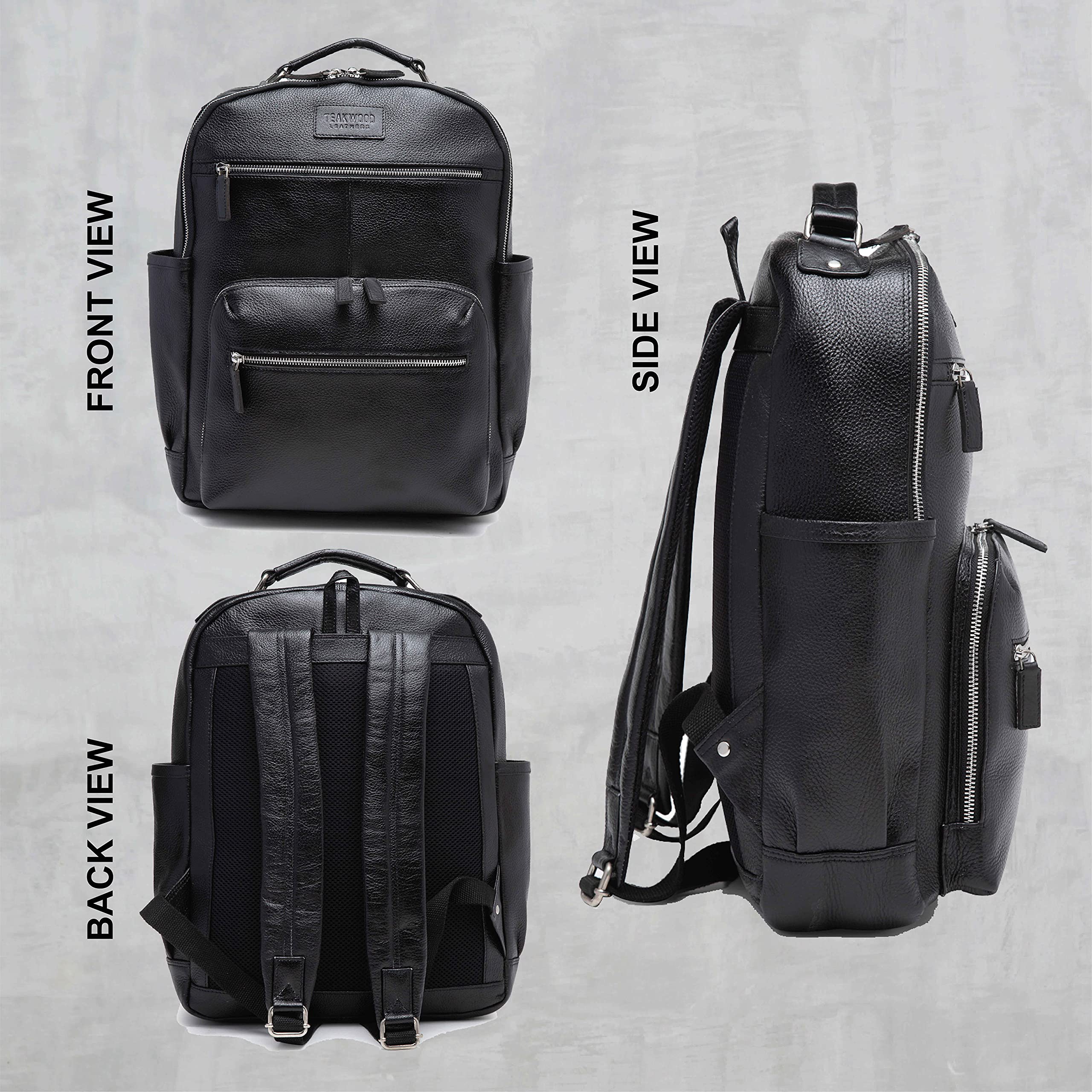 Teakwood Genuine Leather Backpack 15.6 inch Travel Laptop Bag Casual Shoulder Vintage Daypack For Men and Women (Black)