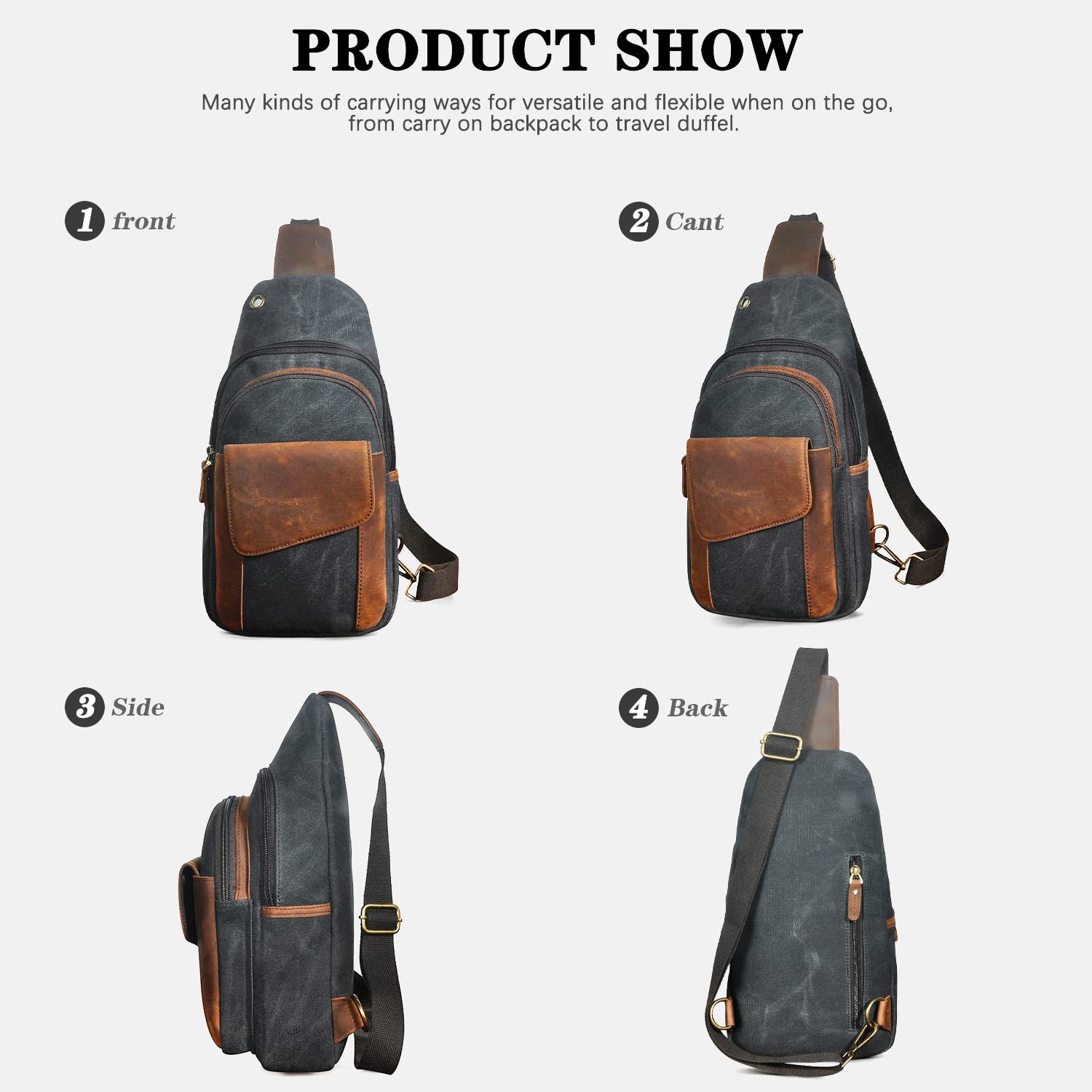 Handadsume Water Resistant Canvas + Leather Hiking Travel One Shoulder DayPack Backpack Sling Crossbody For Men Women FB8013 (Black)