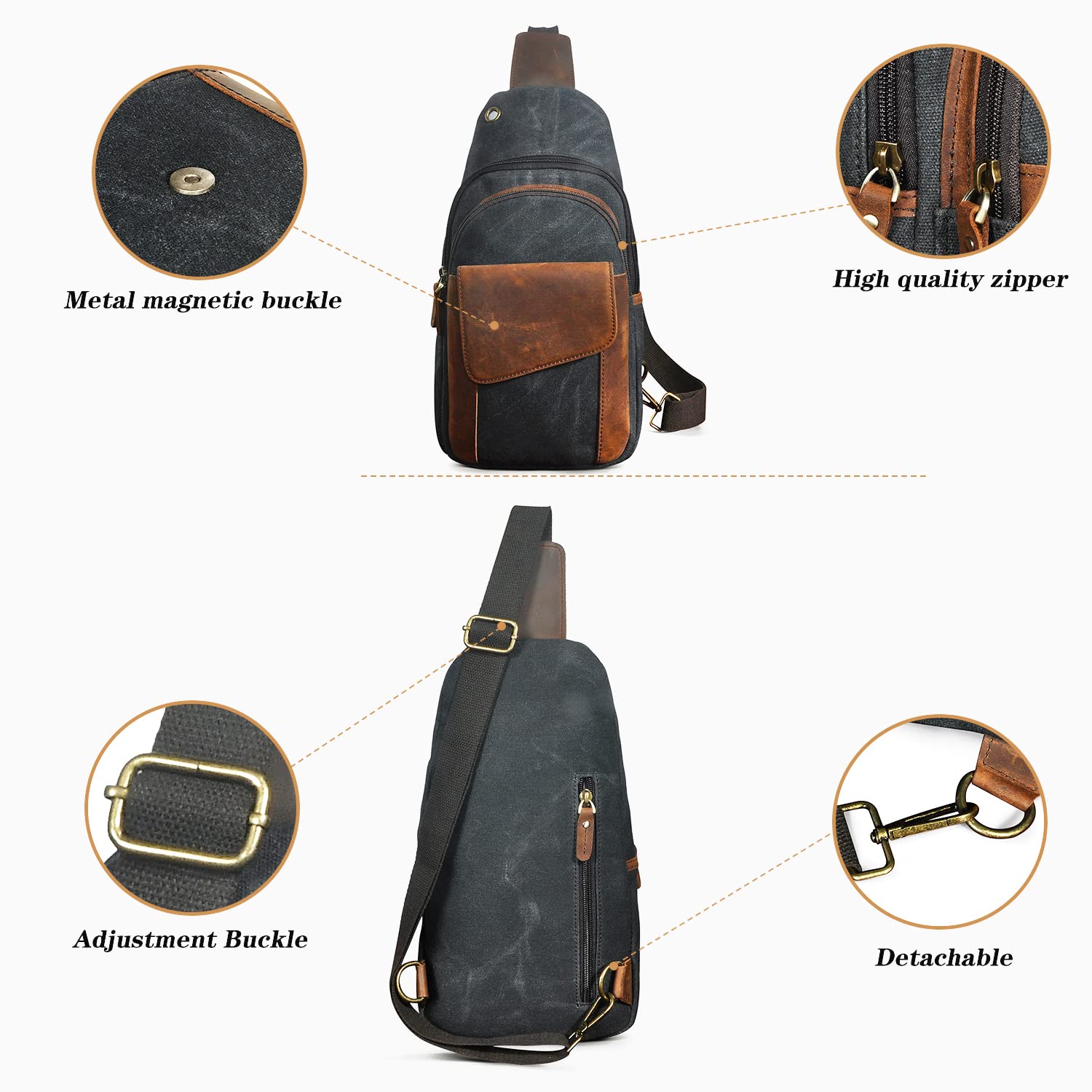 Handadsume Water Resistant Canvas + Leather Hiking Travel One Shoulder DayPack Backpack Sling Crossbody For Men Women FB8013 (Black)