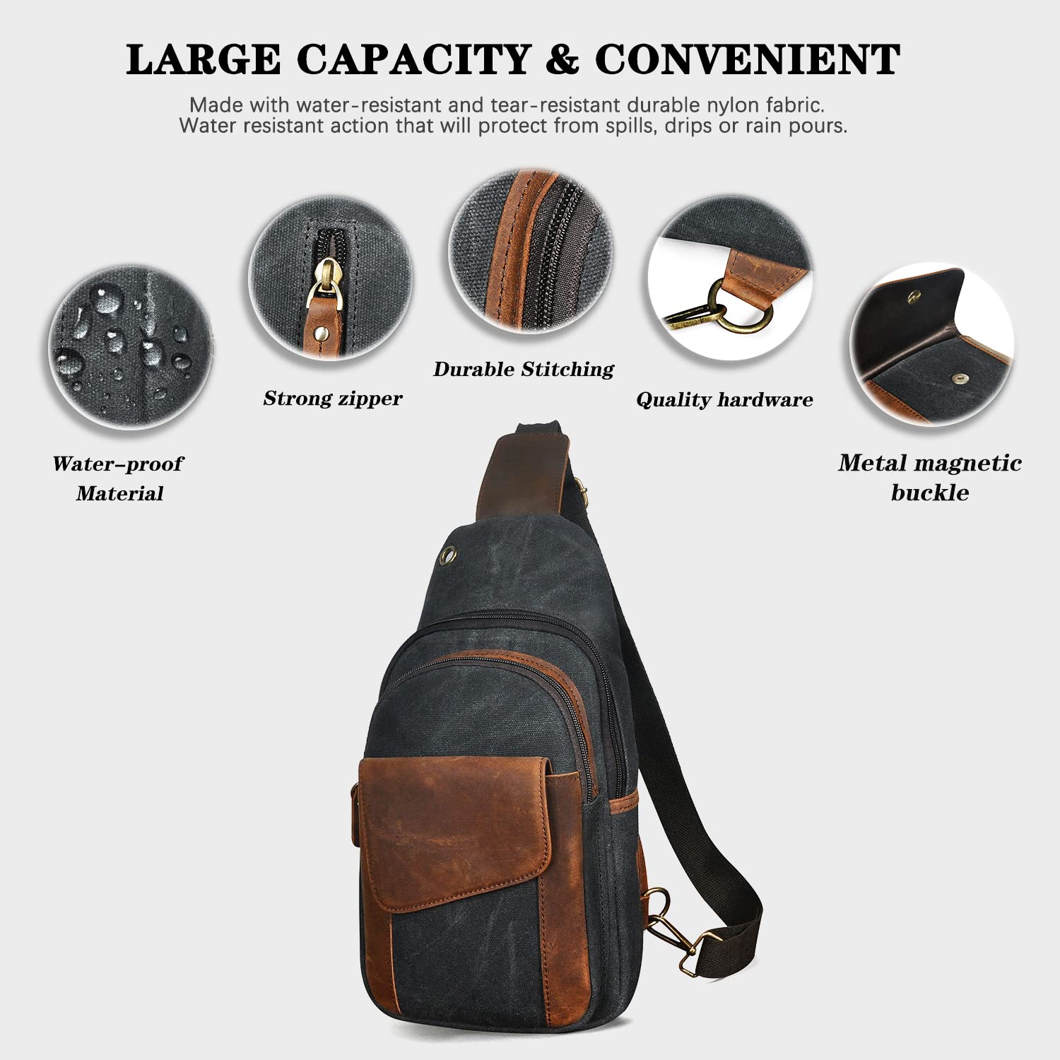 Handadsume Water Resistant Canvas + Leather Hiking Travel One Shoulder DayPack Backpack Sling Crossbody For Men Women FB8013 (Black)