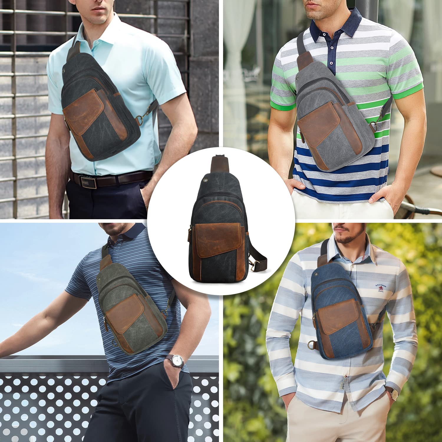 Handadsume Water Resistant Canvas + Leather Hiking Travel One Shoulder DayPack Backpack Sling Crossbody For Men Women FB8013 (Black)