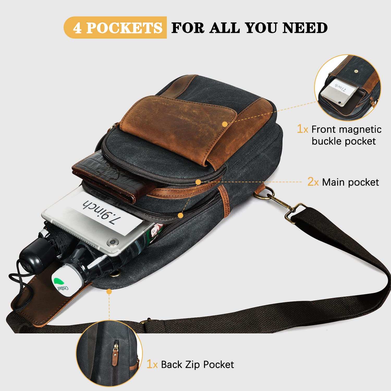 Handadsume Water Resistant Canvas + Leather Hiking Travel One Shoulder DayPack Backpack Sling Crossbody For Men Women FB8013 (Black)