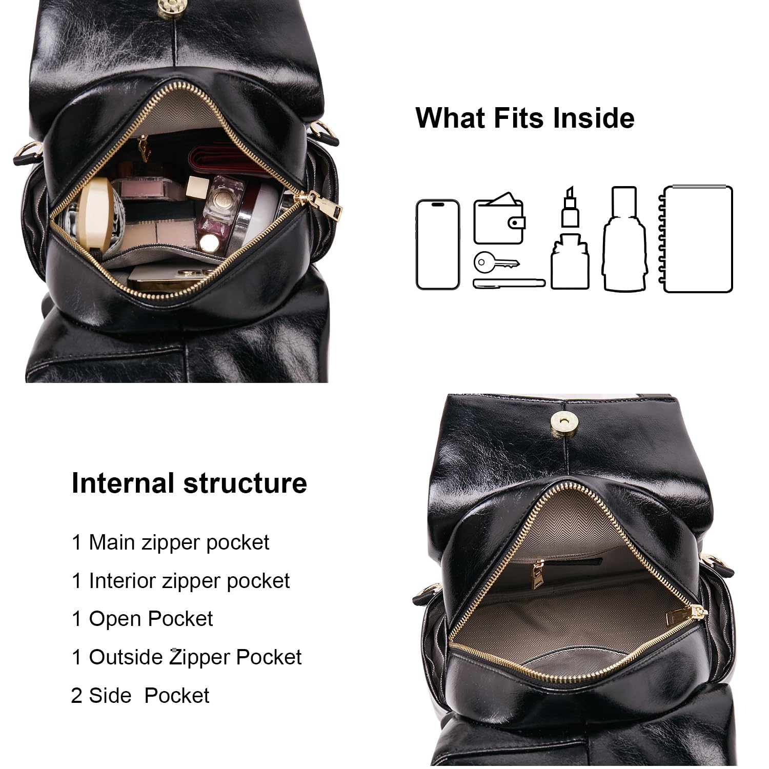 LAORENTOU Black Backpacks Purses for Women Cow Leather Small Casual Daypacks Anti-theft Backpack Convertible Straps