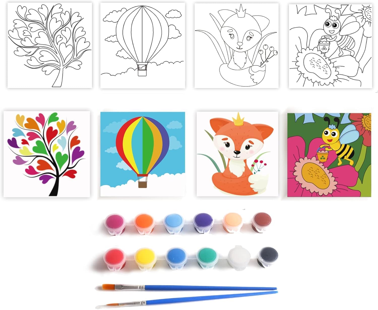 Aosemili Acrylic Paint Set for Kids - 4 Pre-Stenciled Painting Canvas Panels 8 x 8 inches with 12 Paints 2 Brushes for Girls Boys and Beginners