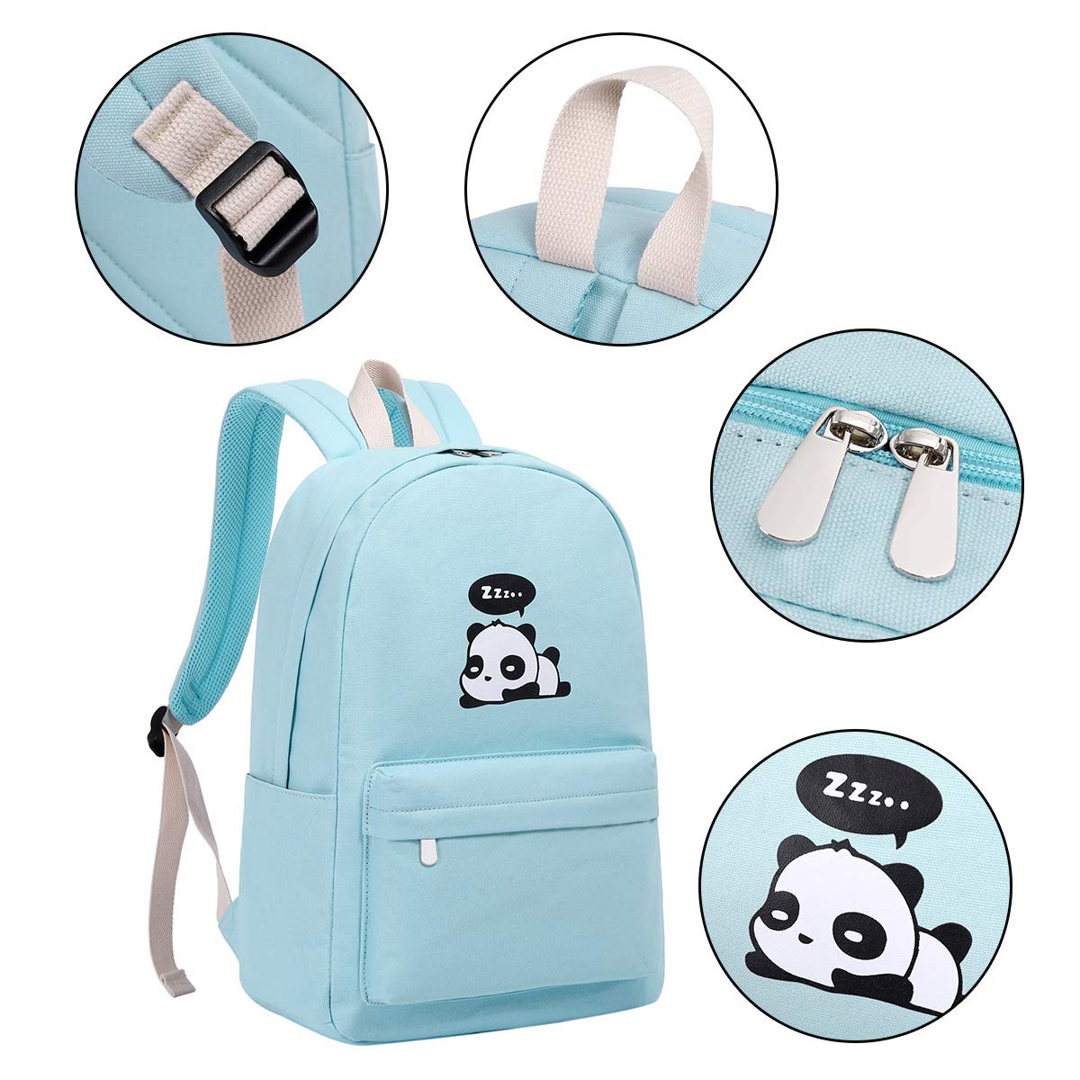 3Pcs Cute Panda Backpacks Set for Teenage Girls Boys Lightweight Casual Canvas School Backpack (Blue)