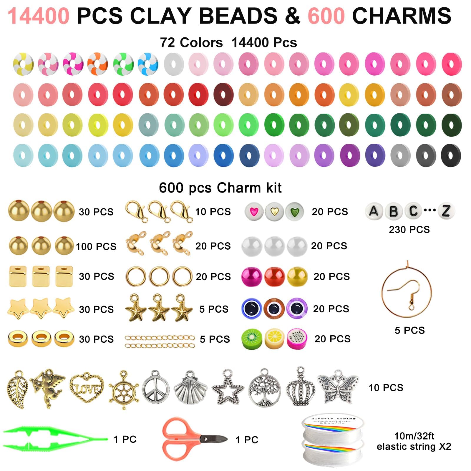 Redtwo 72 Colors 15000pcs Clay Beads Bracelet Making Kit, Flat Round Polymer Heishi Beads for Jewelry Making with Letter Beads and Elastic Strings, Crafts Gift for Girls Ages 6-12(3 Boxes)