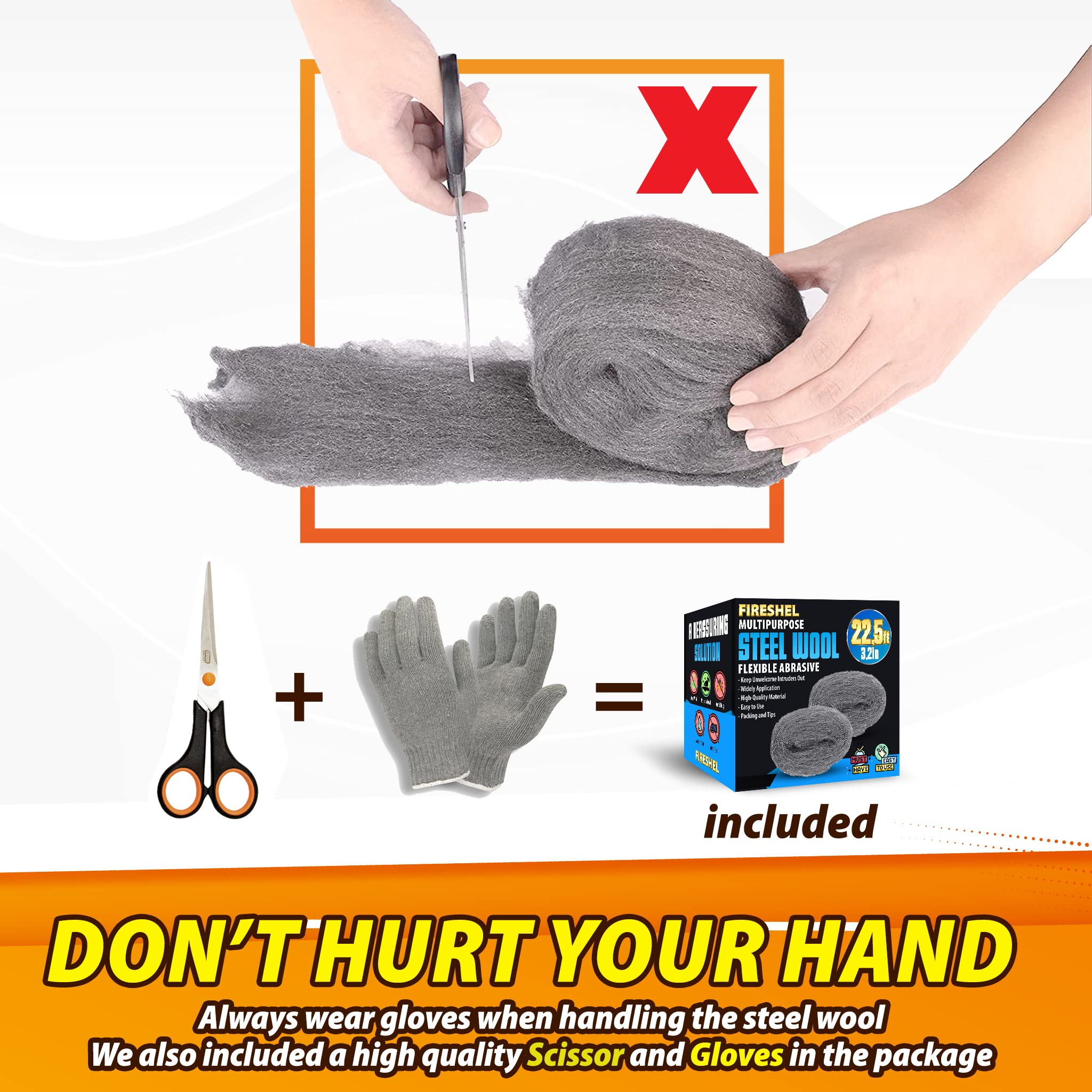 Steel Wool Mice Fabric Roll Control 2 Pcs Total (3.2”x 22.5 Feet) - Gap Fill Fabric - Block Holes, Wall Cracks, Cleans Rusty Tools, Hardware DIY Kit - One Pair of Gloves and Scissor Included