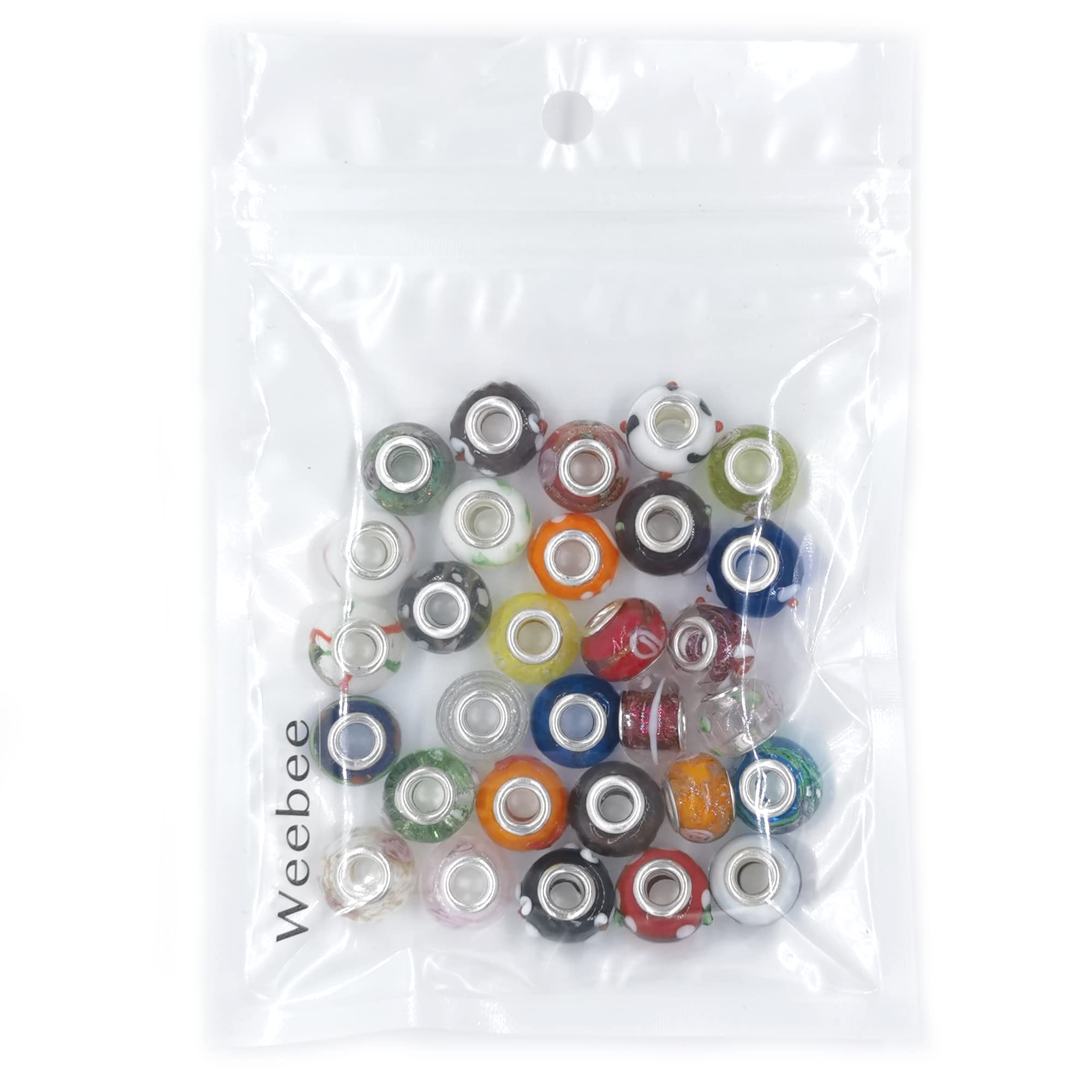 Weebee Murano Glass Beads Large Hole Beads European Lampwork Spacer Beads Silver Plated Cores Bracelet Charms for Jewelry Making 50 Pcs Mix
