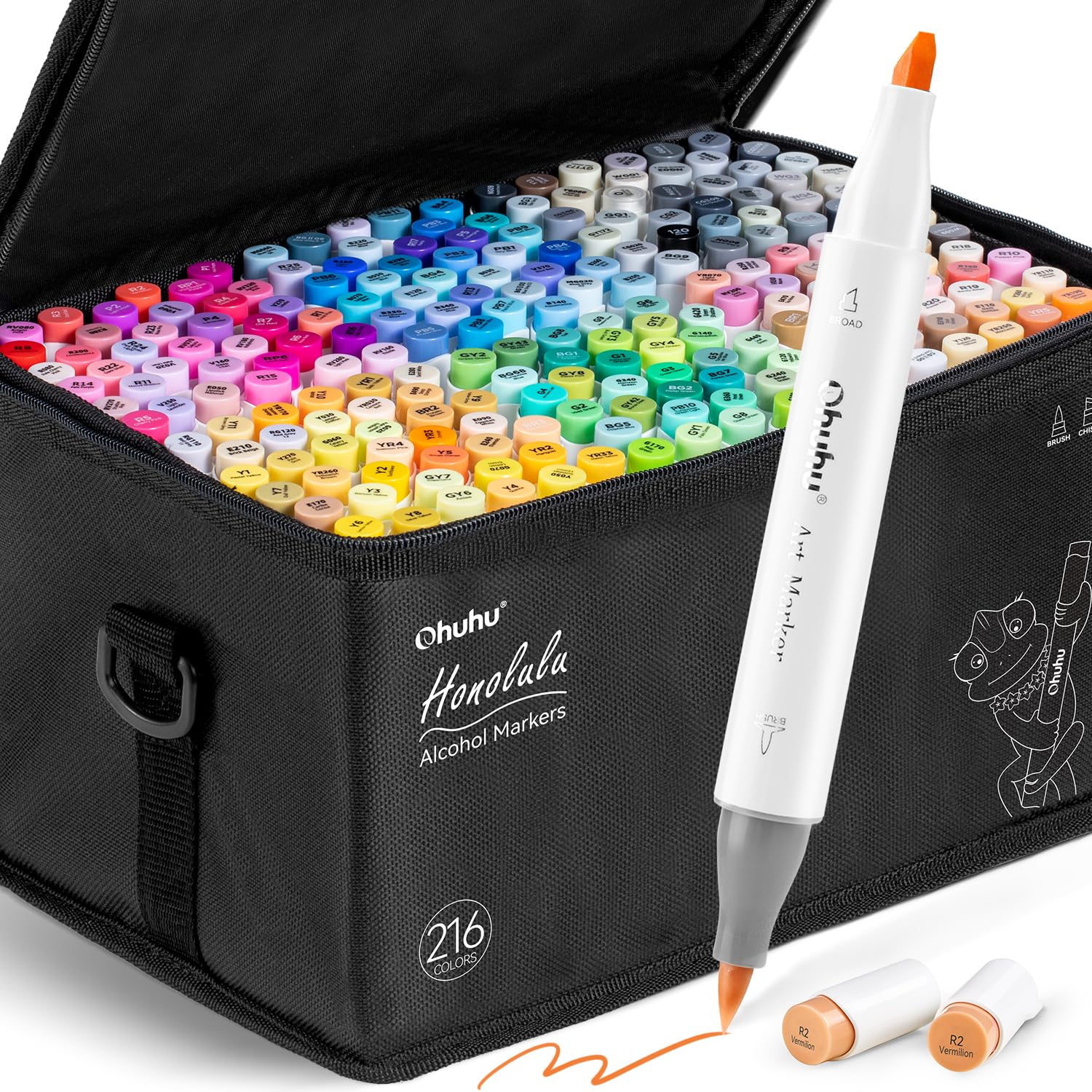 Ohuhu Alcohol Art Markers Set, 216-color Double Tipped Brush & Chisel Sketch Marker, Alcohol-based Brush Markers, Comes w/ 1 Blender for Sketching, Adult Coloring, and Illustration -Honolulu Series