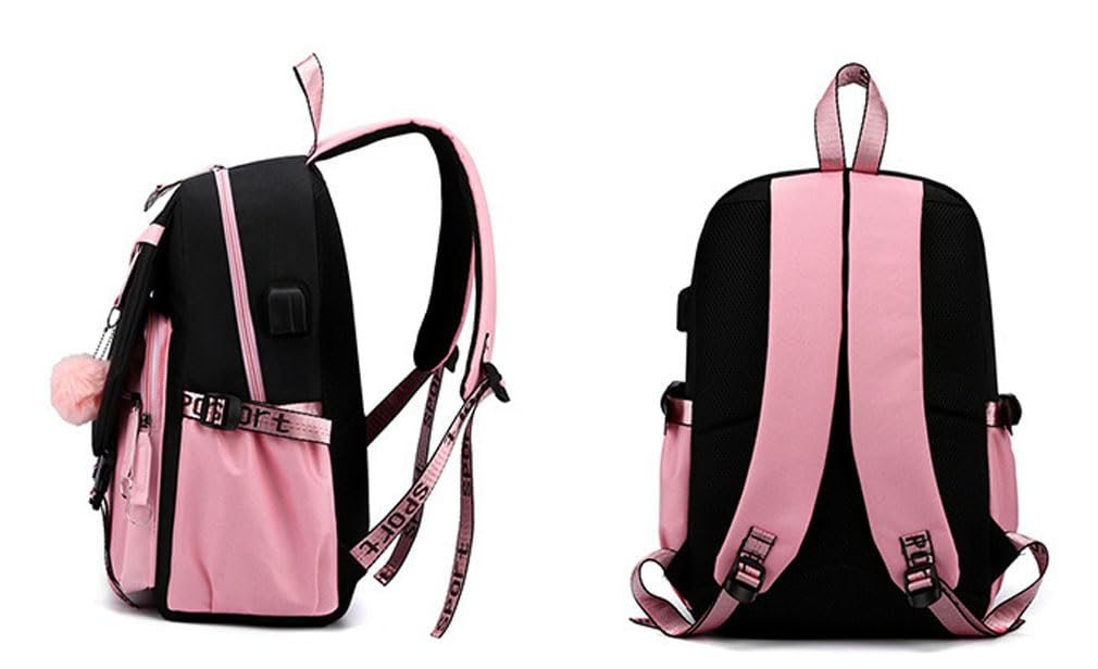 MONMOB Backpack Laptop bag School Bag Bookbag with USB Charging&Headphone Port(Black&Pink)