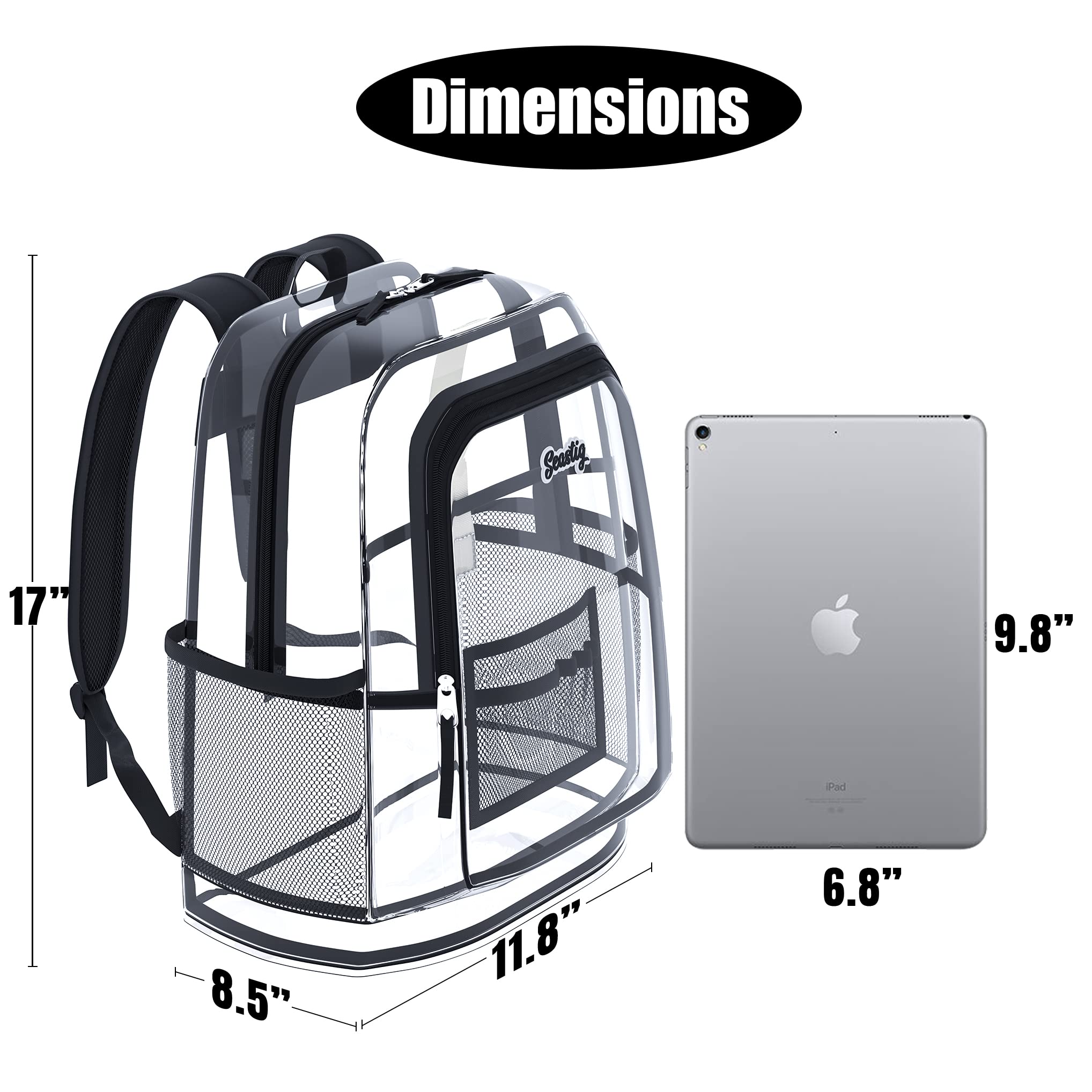 seastig Clear Backpack Heavy Duty TPU Transparent Bag Clear Bag Stadium Approved See Through Backpack for School, Work, College