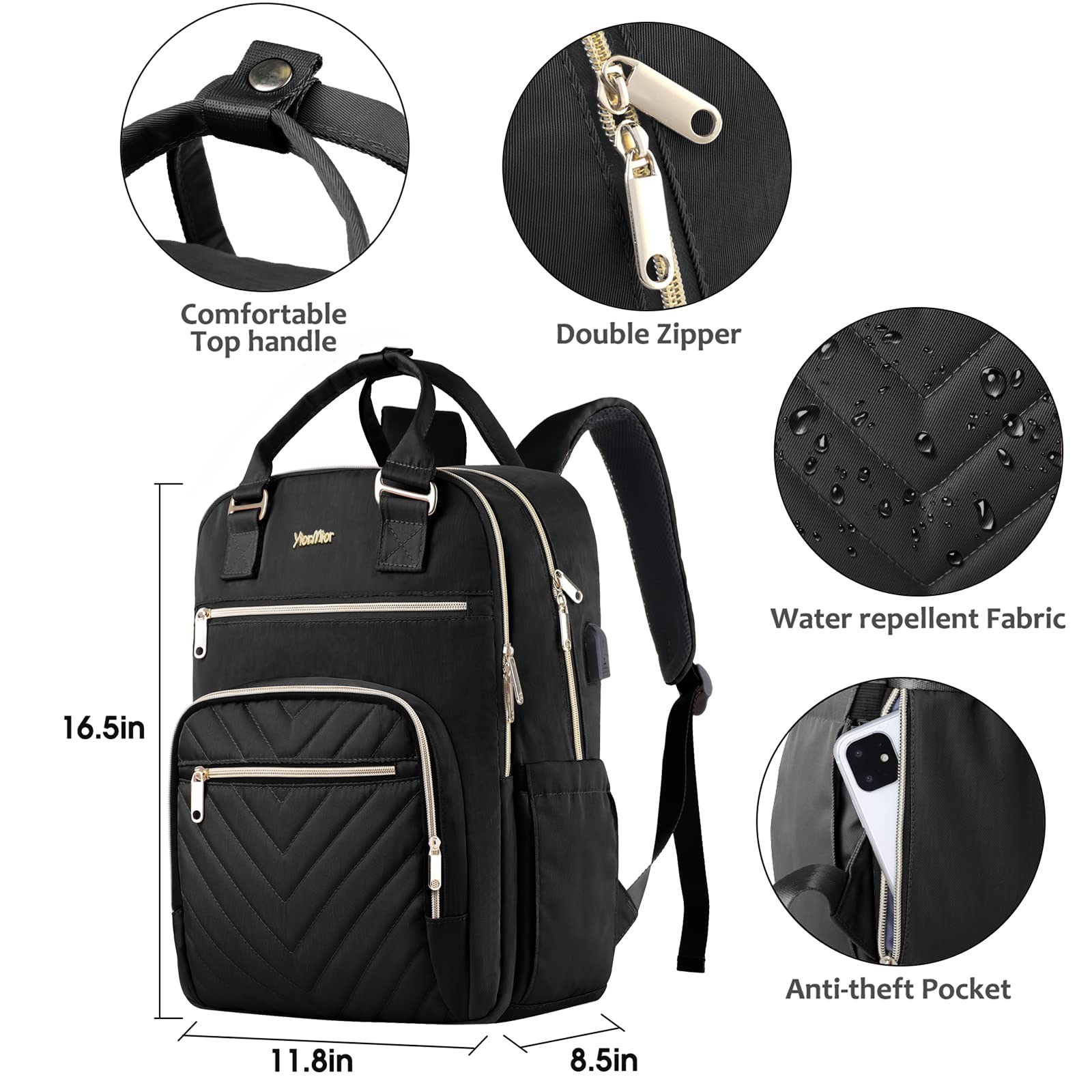 YIORMIOR Backpack for Women, 15.6 Inch Stylish Travel Laptop Backpack with USB Charging Port, Water Resistant College School Computer Bag Gifts for Women Fits 15.6 Inch Notebook, Black