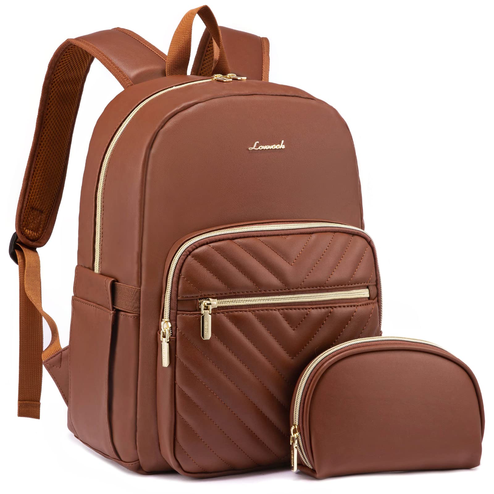 LOVEVOOK Backpack Purse for Women Ladies Backpack Leather Fashion Backpacks Cute Travel Backpack Waterproof,with plenty of compartments include 14 inch laptop pocket, 2pcs Sets ,Brown