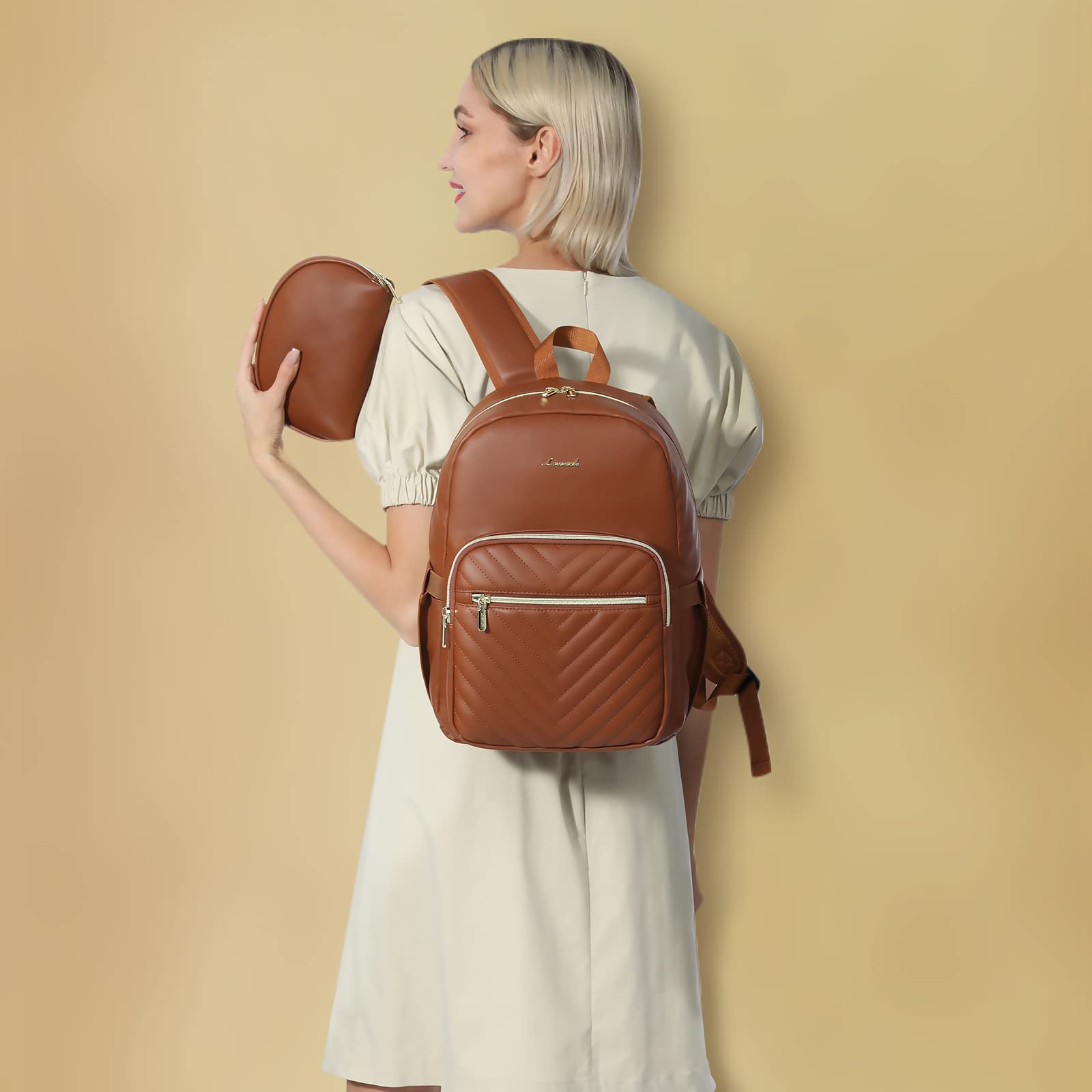 LOVEVOOK Backpack Purse for Women Ladies Backpack Leather Fashion Backpacks Cute Travel Backpack Waterproof,with plenty of compartments include 14 inch laptop pocket, 2pcs Sets ,Brown
