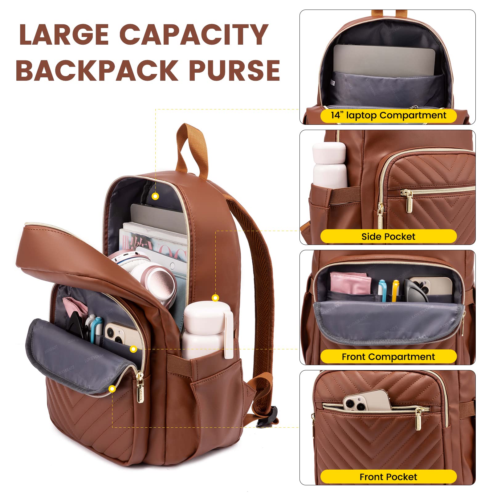 LOVEVOOK Backpack Purse for Women Ladies Backpack Leather Fashion Backpacks Cute Travel Backpack Waterproof,with plenty of compartments include 14 inch laptop pocket, 2pcs Sets ,Brown