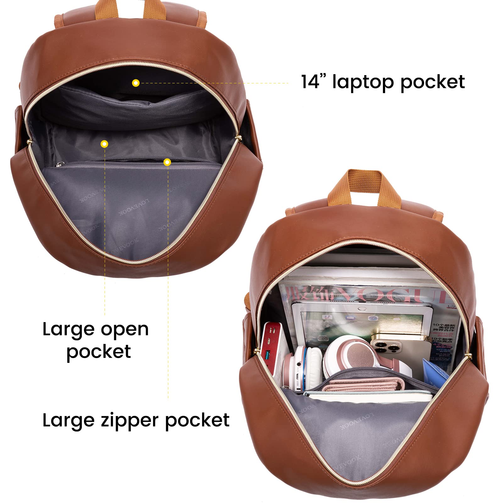 LOVEVOOK Backpack Purse for Women Ladies Backpack Leather Fashion Backpacks Cute Travel Backpack Waterproof,with plenty of compartments include 14 inch laptop pocket, 2pcs Sets ,Brown