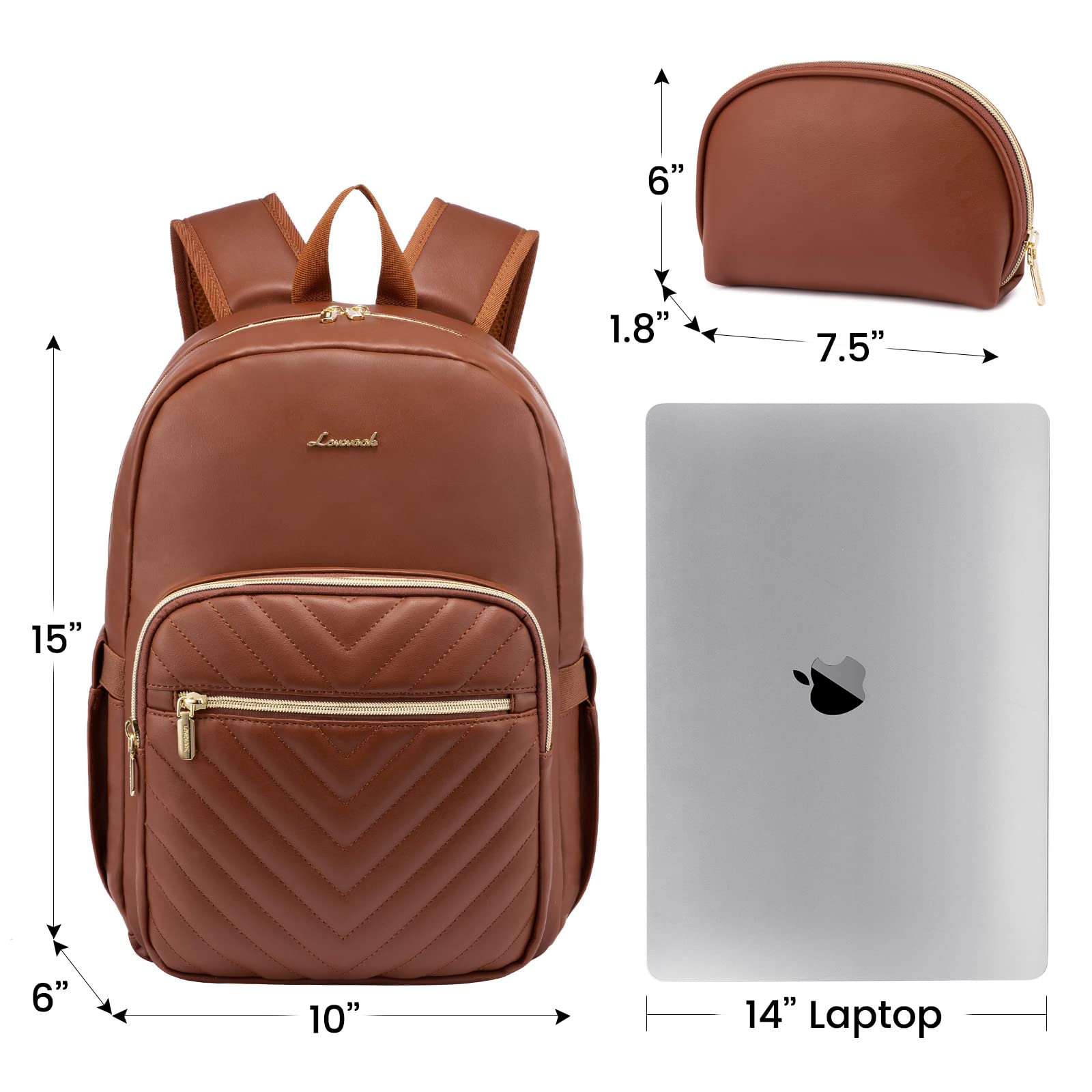LOVEVOOK Backpack Purse for Women Ladies Backpack Leather Fashion Backpacks Cute Travel Backpack Waterproof,with plenty of compartments include 14 inch laptop pocket, 2pcs Sets ,Brown