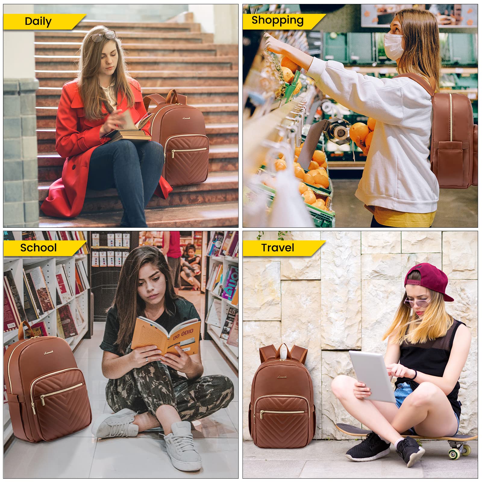 LOVEVOOK Backpack Purse for Women Ladies Backpack Leather Fashion Backpacks Cute Travel Backpack Waterproof,with plenty of compartments include 14 inch laptop pocket, 2pcs Sets ,Brown
