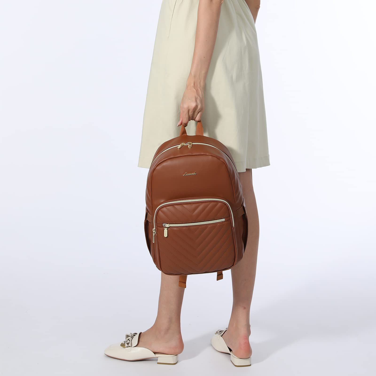 LOVEVOOK Backpack Purse for Women Ladies Backpack Leather Fashion Backpacks Cute Travel Backpack Waterproof,with plenty of compartments include 14 inch laptop pocket, 2pcs Sets ,Brown