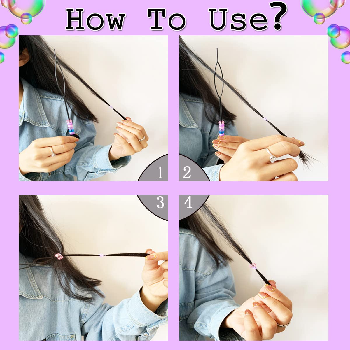 1406 Pieces Pony Beads Set Including 6 Pieces Quick Beader for Kid Hair Braids, 900 Multicolor Plastic Pony Beads and 500 Pieces Mini Rubber Bands Soft Elastic Bands,Can be Used for Hair Braids