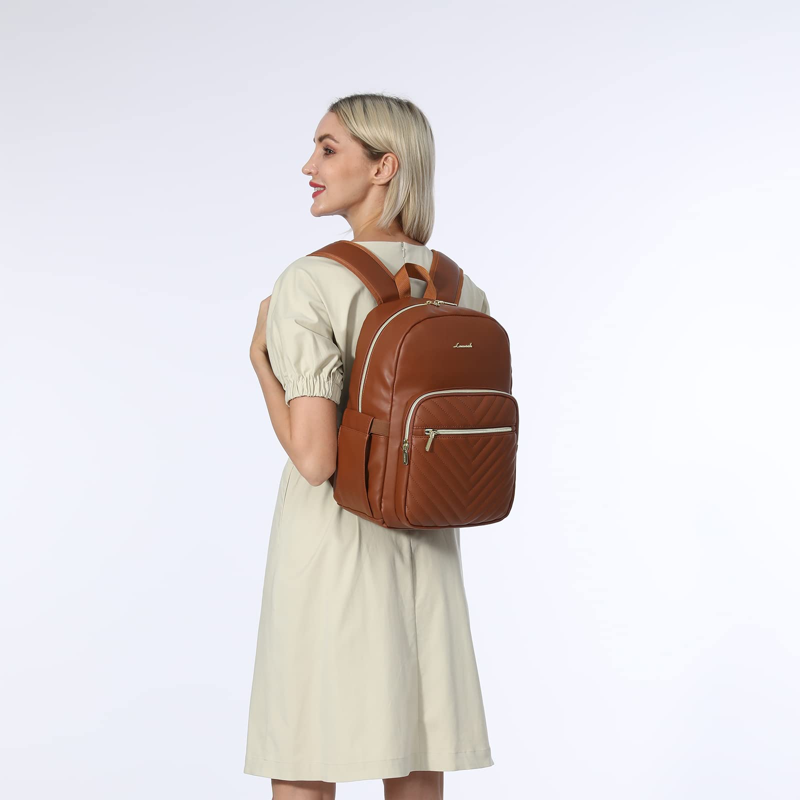 LOVEVOOK Backpack Purse for Women Ladies Backpack Leather Fashion Backpacks Cute Travel Backpack Waterproof,with plenty of compartments include 14 inch laptop pocket, 2pcs Sets ,Brown