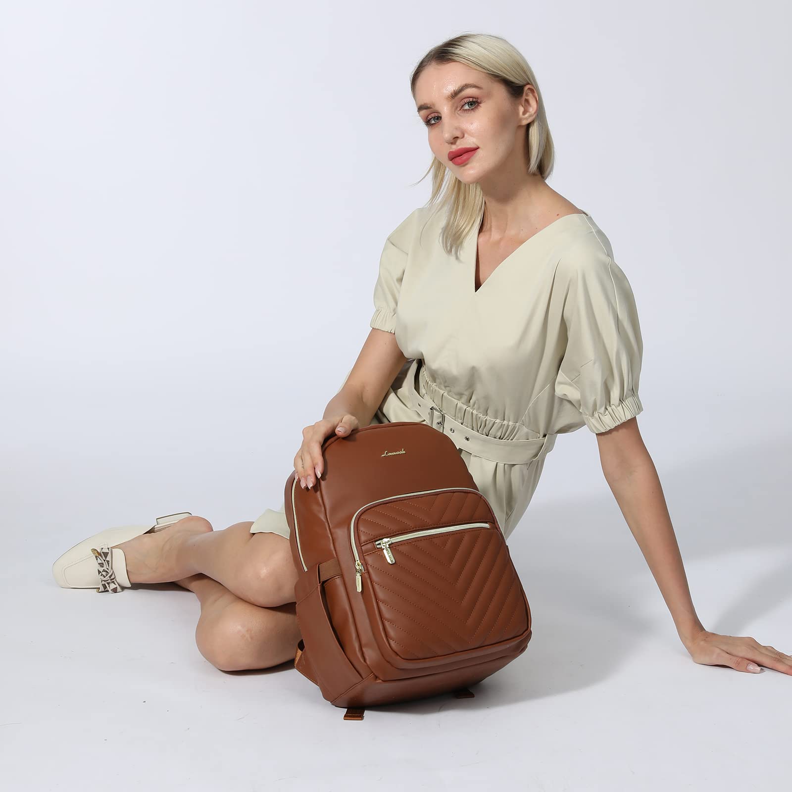 LOVEVOOK Backpack Purse for Women Ladies Backpack Leather Fashion Backpacks Cute Travel Backpack Waterproof,with plenty of compartments include 14 inch laptop pocket, 2pcs Sets ,Brown