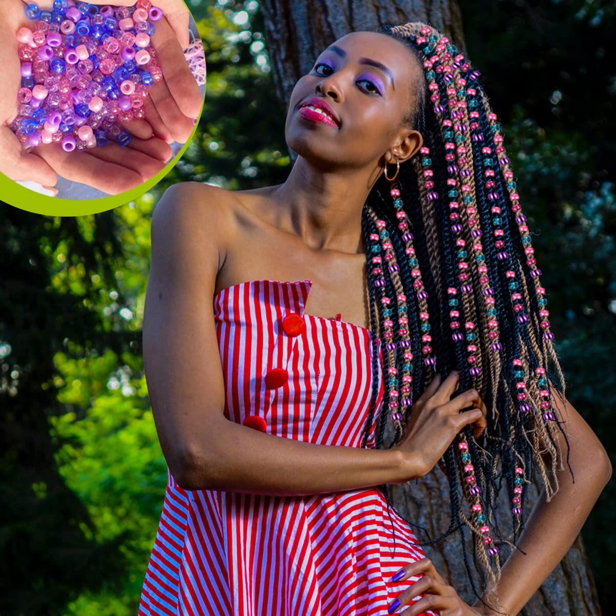 1406 Pieces Pony Beads Set Including 6 Pieces Quick Beader for Kid Hair Braids, 900 Multicolor Plastic Pony Beads and 500 Pieces Mini Rubber Bands Soft Elastic Bands,Can be Used for Hair Braids