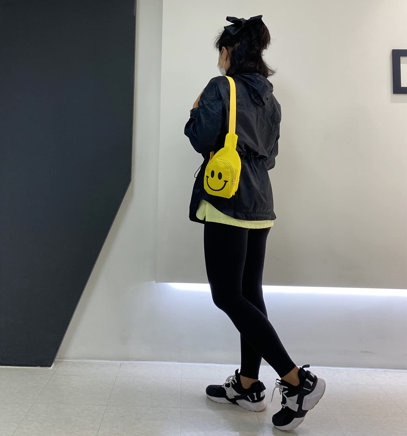 HOLAWIT Happy Face Fun Design Phone Holder Cute Sling Bag Positive Smile Crossbody Backpack for Kids Hiking Daypack Multipurpose Cross Body Chest Bag - Black