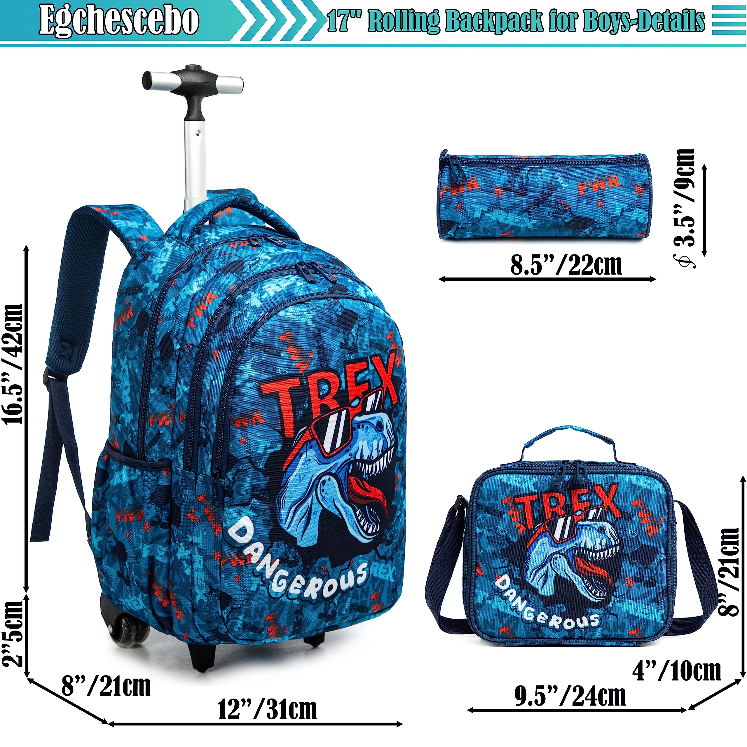 Egchescebo Boys Rolling Backpacks Kids Backpack with Wheels for School Bags Luggage With Wheels Trolley Wheeled Backpacks 3PCS 16β Dinosaur Travel Bags Boys With Lunch Box Blue