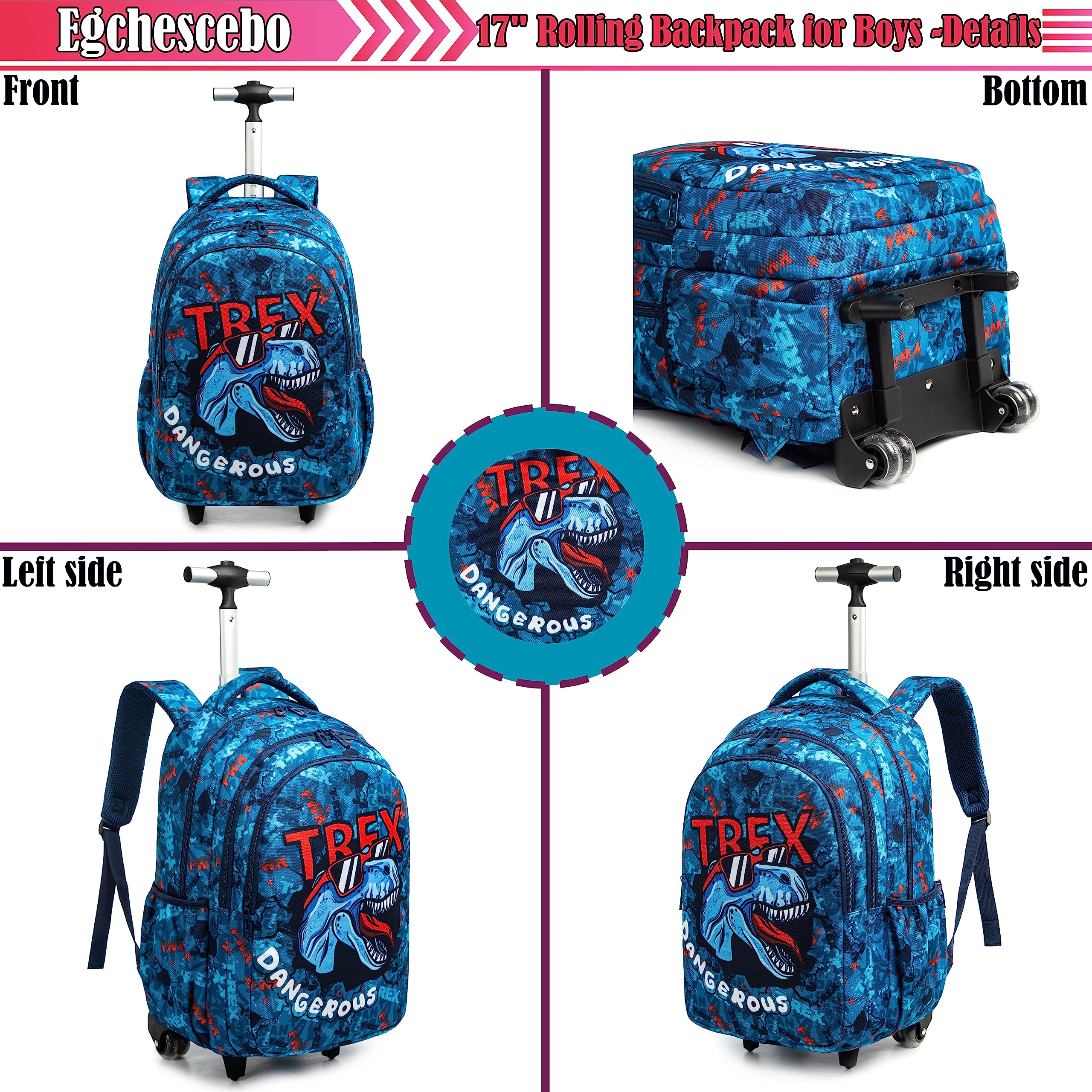 Egchescebo Boys Rolling Backpacks Kids Backpack with Wheels for School Bags Luggage With Wheels Trolley Wheeled Backpacks 3PCS 16β Dinosaur Travel Bags Boys With Lunch Box Blue