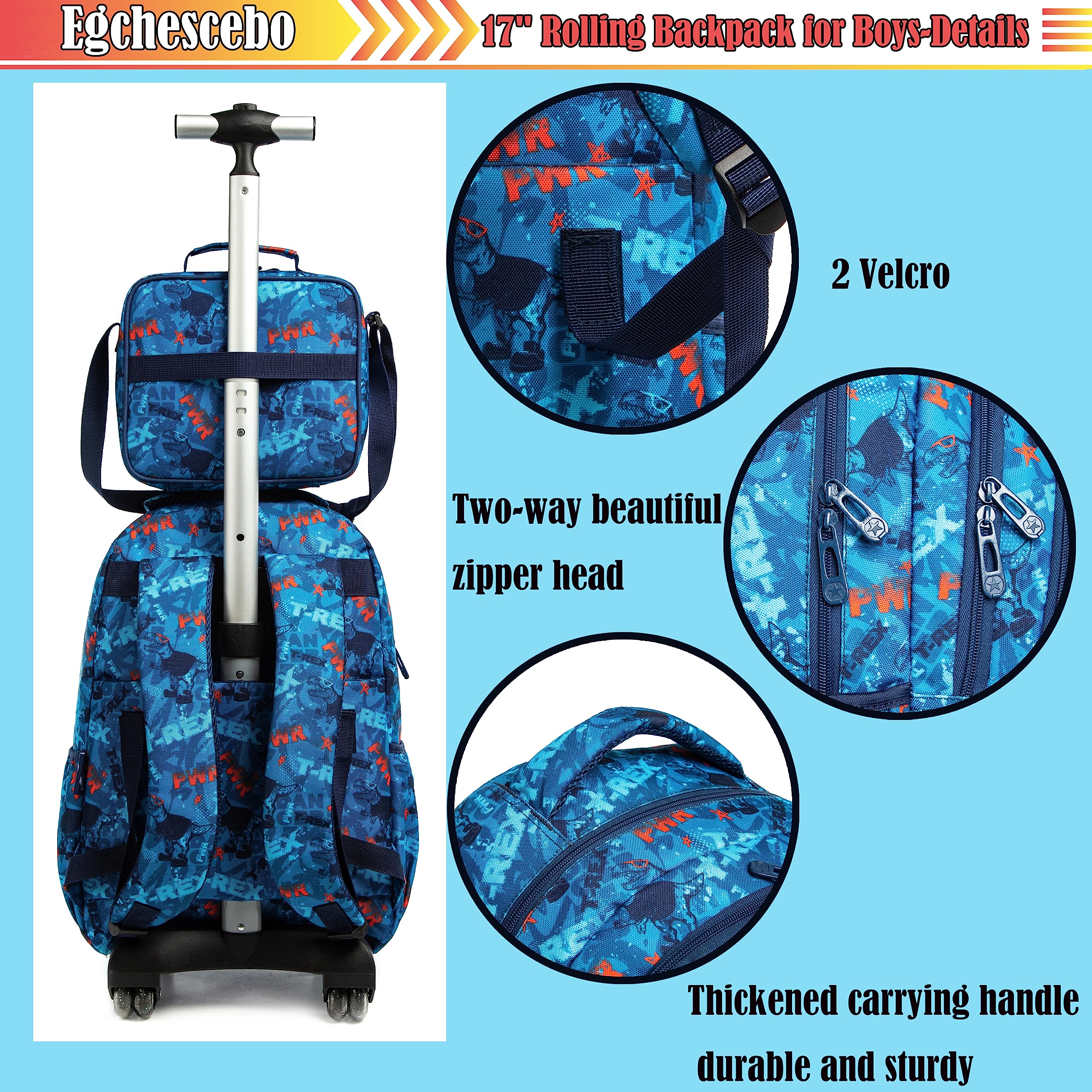 Egchescebo Boys Rolling Backpacks Kids Backpack with Wheels for School Bags Luggage With Wheels Trolley Wheeled Backpacks 3PCS 16β Dinosaur Travel Bags Boys With Lunch Box Blue