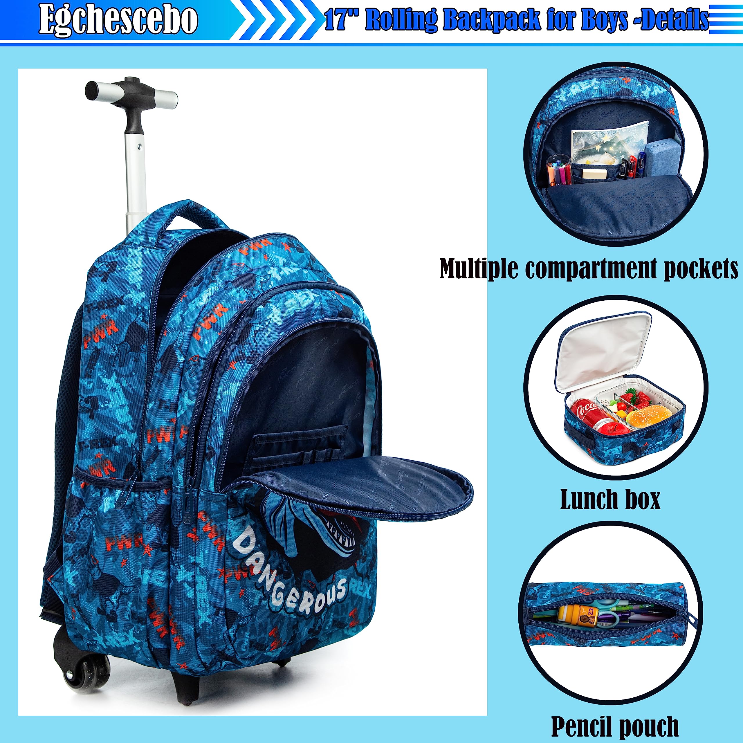 Egchescebo Boys Rolling Backpacks Kids Backpack with Wheels for School Bags Luggage With Wheels Trolley Wheeled Backpacks 3PCS 16β Dinosaur Travel Bags Boys With Lunch Box Blue