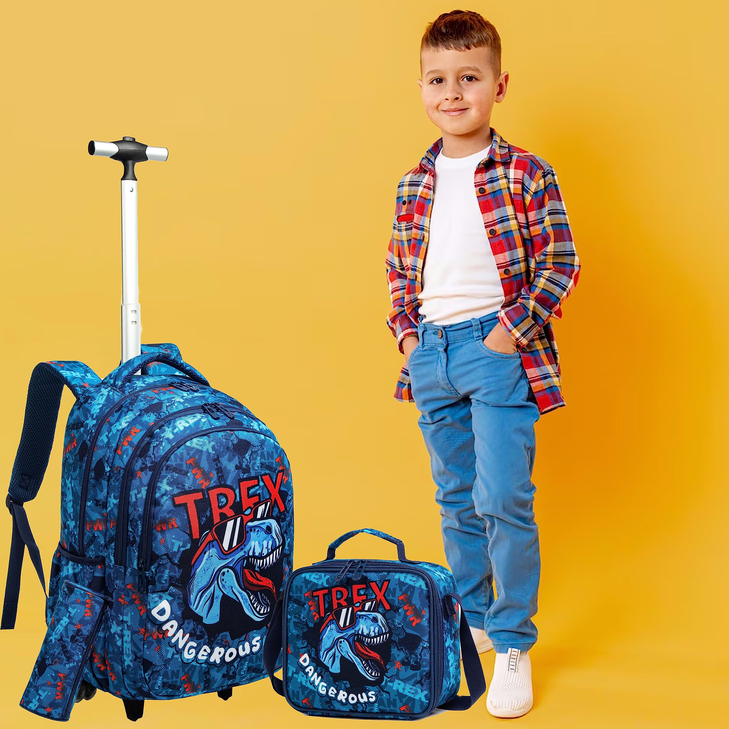 Egchescebo Boys Rolling Backpacks Kids Backpack with Wheels for School Bags Luggage With Wheels Trolley Wheeled Backpacks 3PCS 16β Dinosaur Travel Bags Boys With Lunch Box Blue