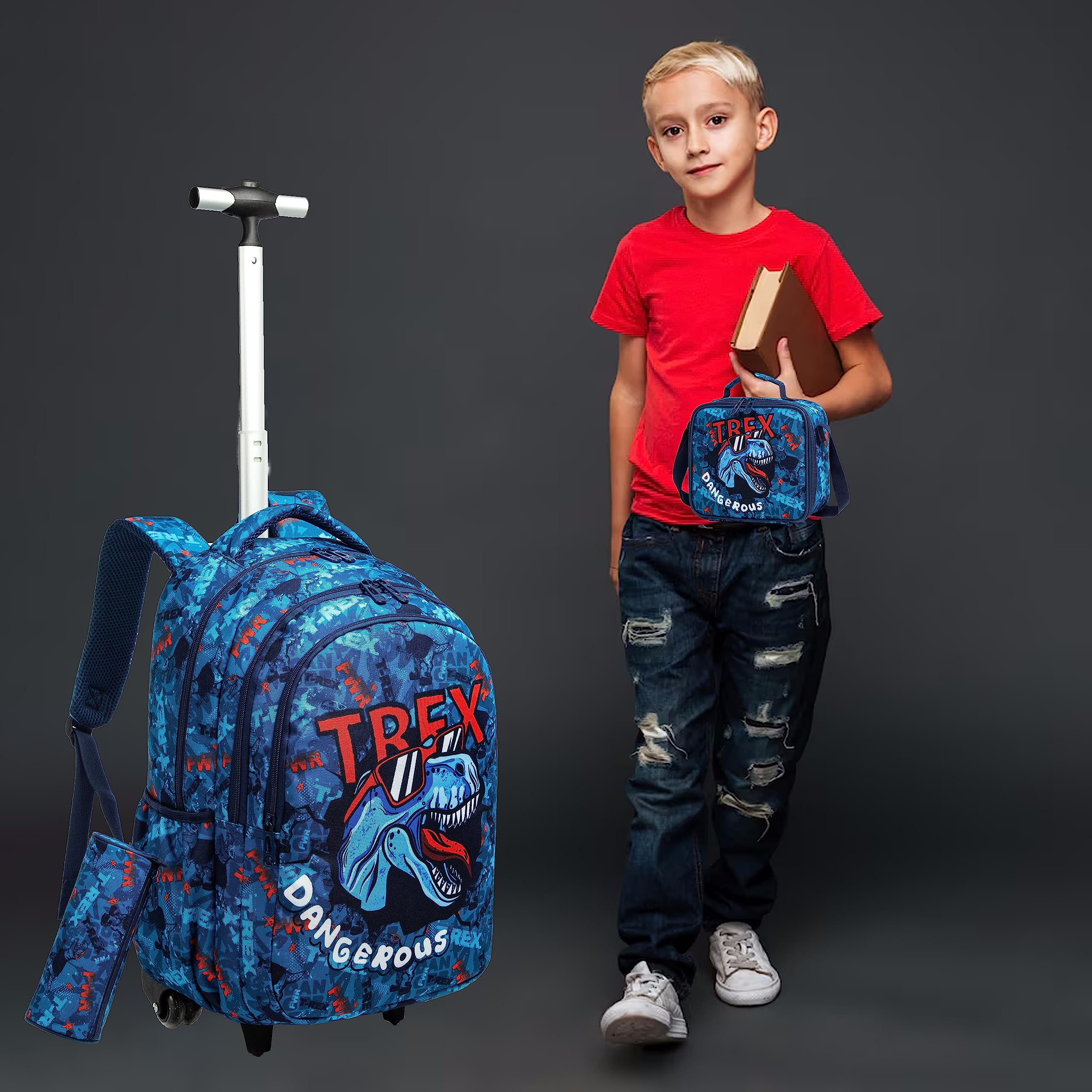 Egchescebo Boys Rolling Backpacks Kids Backpack with Wheels for School Bags Luggage With Wheels Trolley Wheeled Backpacks 3PCS 16β Dinosaur Travel Bags Boys With Lunch Box Blue