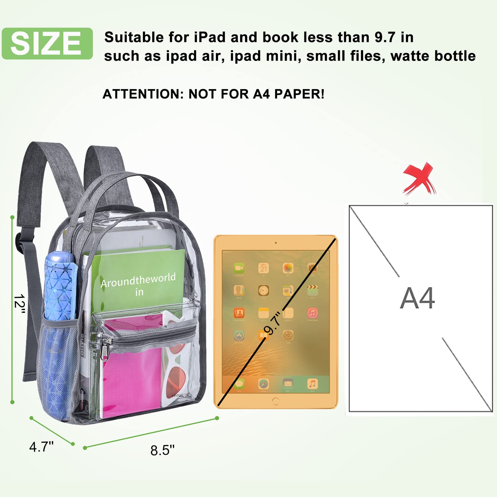 Mini Clear Backpack for Stadium, See Through bag small Backpacks Transparent for Sports,Stadium,Security Travel(Grey) Mini Size 12"x 8.5"x 4.7"
