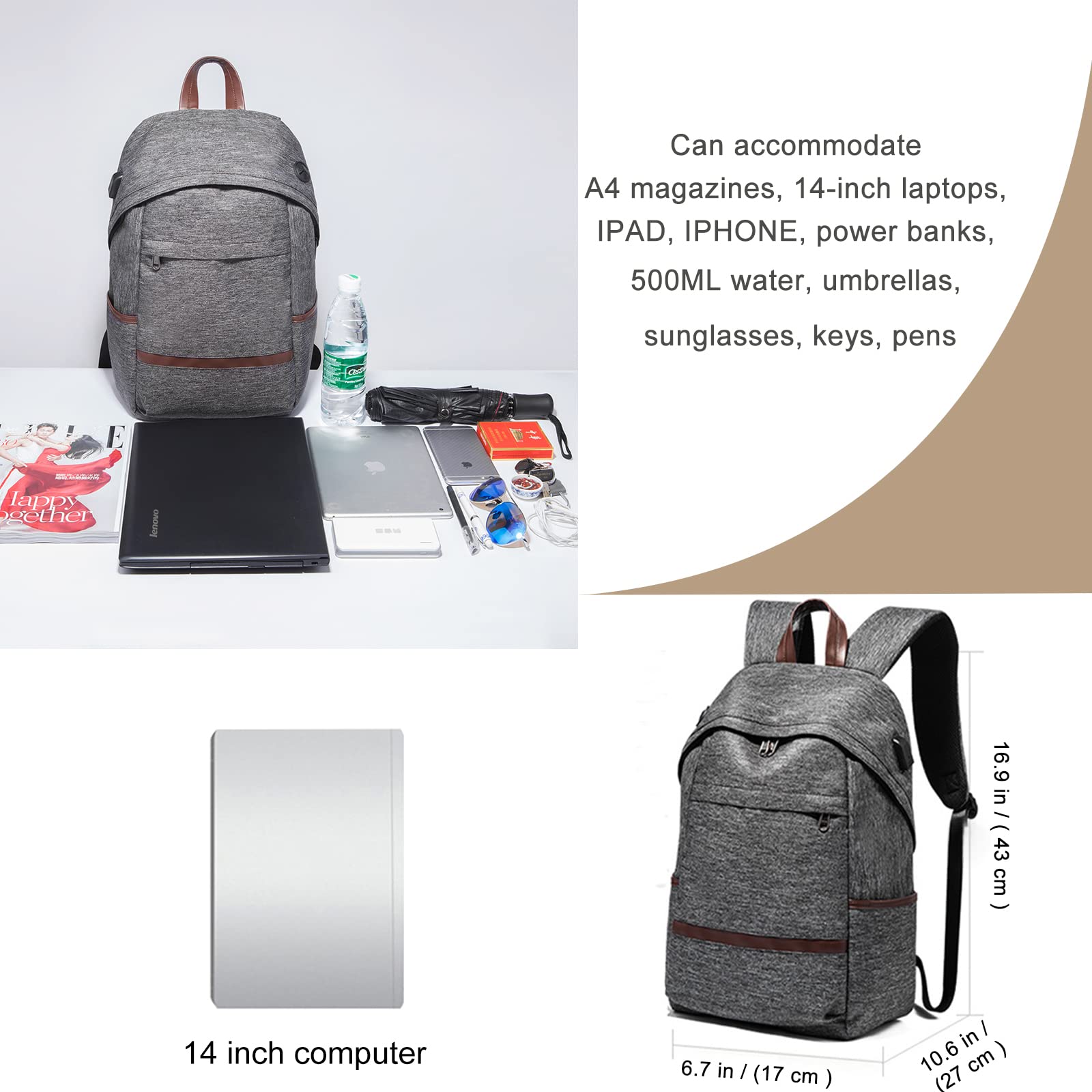 Seekvigor Laptop Backpack for Men Woman,Casual College Backpack with USB Charging Port, 20L Waterproof Travel Backpack for 14 Inch Laptop,Grey