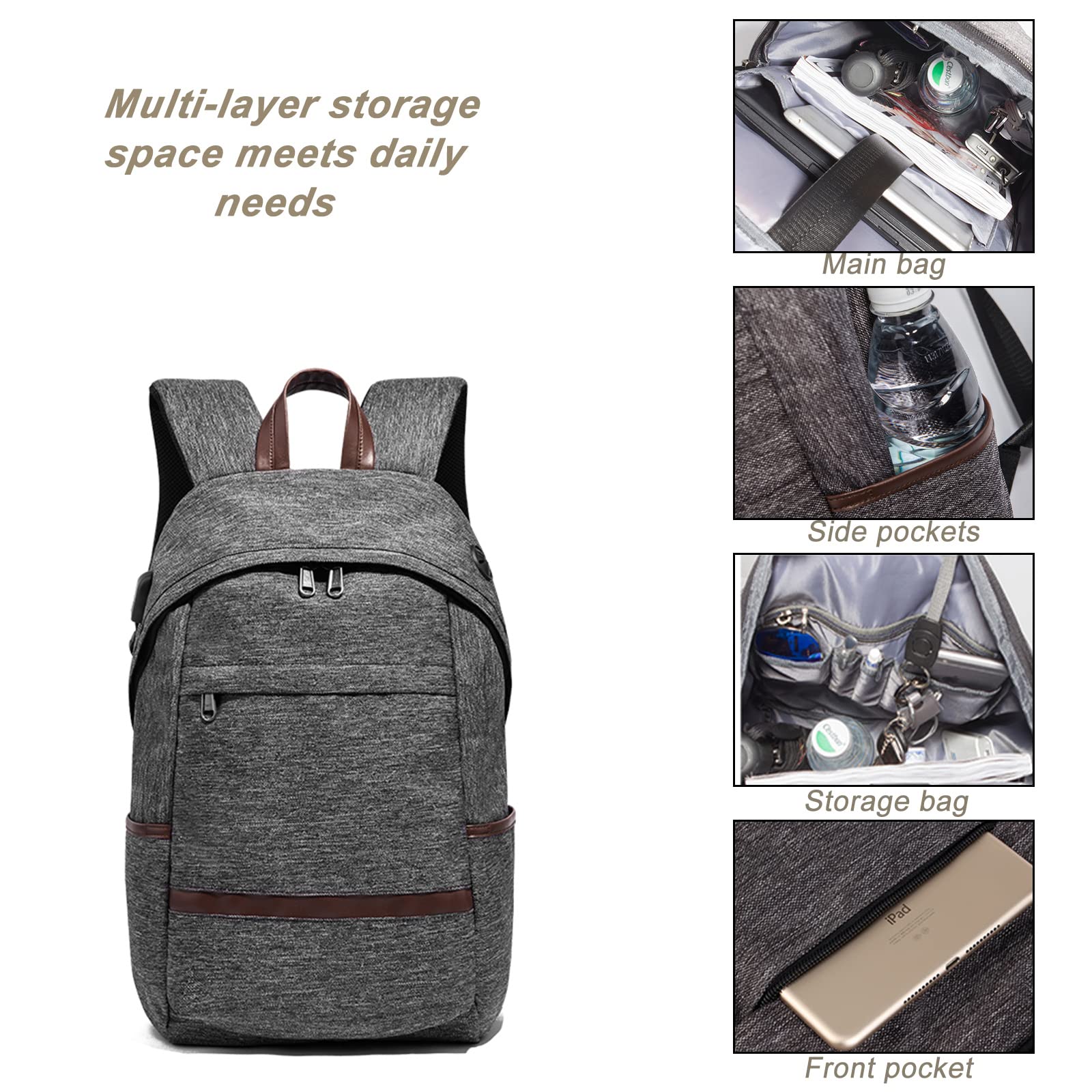Seekvigor Laptop Backpack for Men Woman,Casual College Backpack with USB Charging Port, 20L Waterproof Travel Backpack for 14 Inch Laptop,Grey