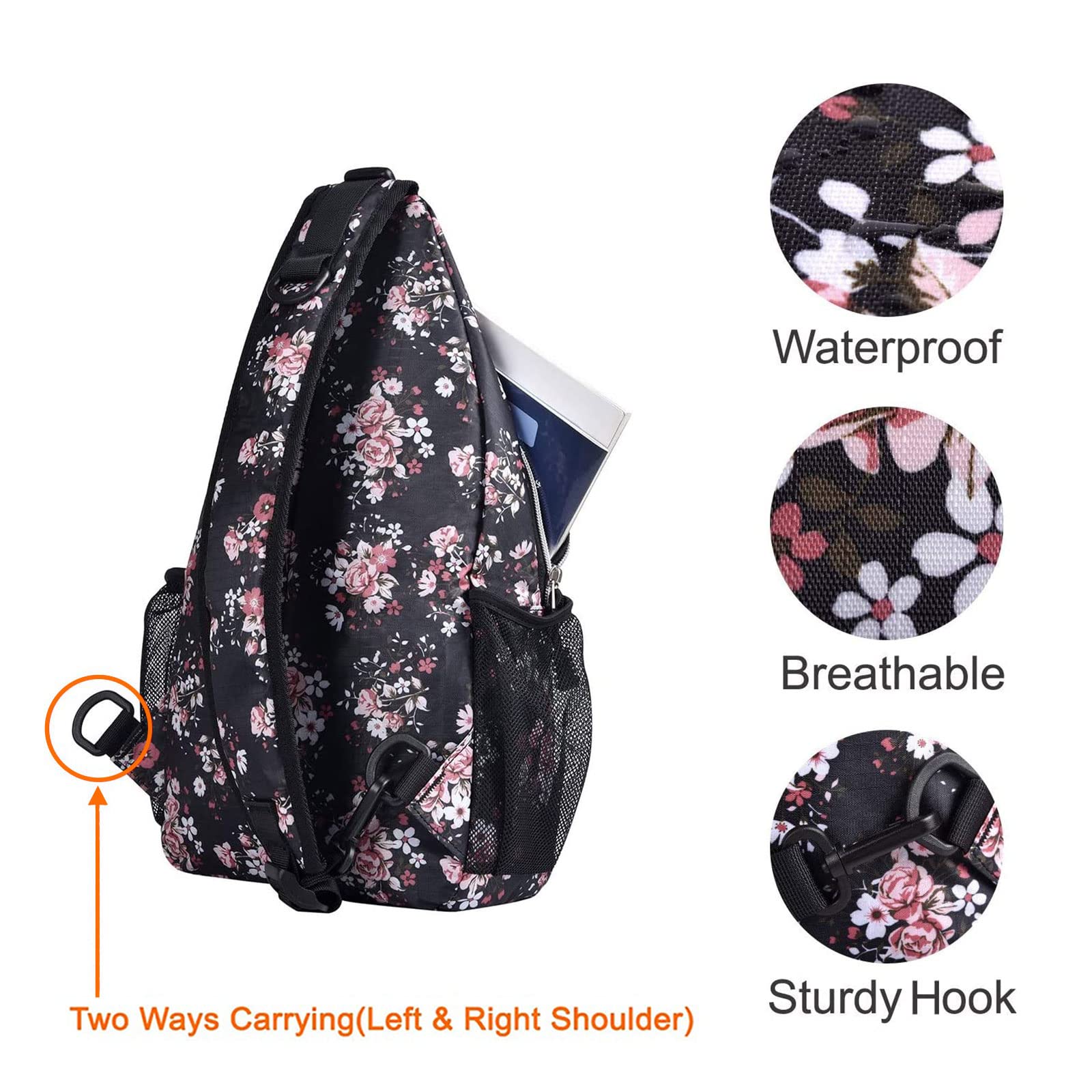 MOSISO Sling Backpack,Travel Hiking Daypack Pattern Rope Crossbody Shoulder Bag, Black Base Floral