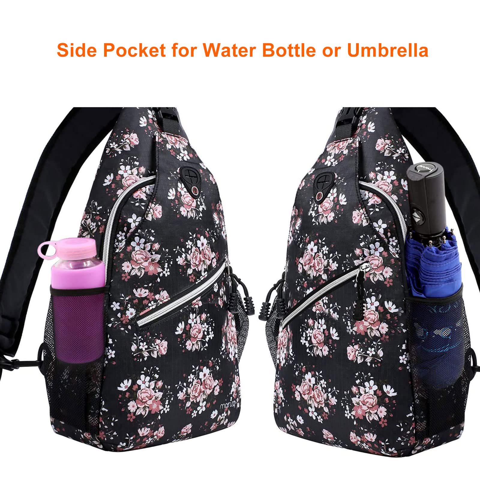 MOSISO Sling Backpack,Travel Hiking Daypack Pattern Rope Crossbody Shoulder Bag, Black Base Floral