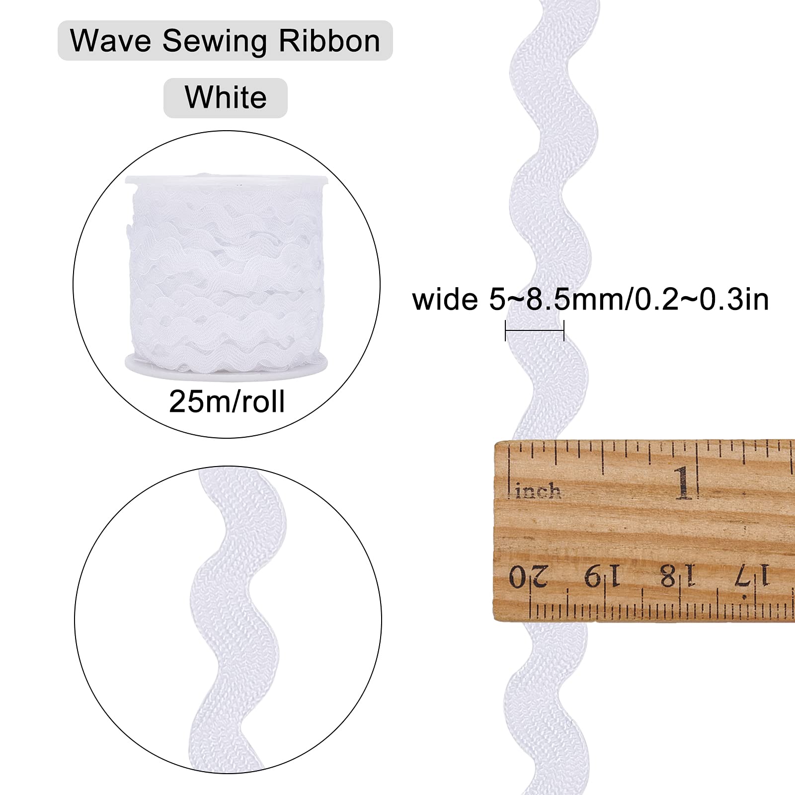 GORGECRAFT 1 Roll 27yd/25m RIC Rac Trim Ribbon Wave Sewing Bending Fringe Trim 5mm/0.2 inch for Sewing Flower Making Wedding Party Lace Ribbon Craft (White)