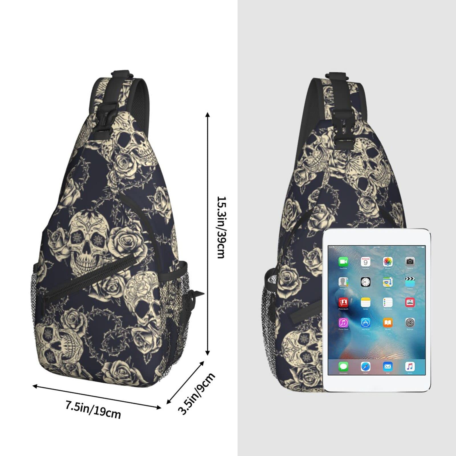 Skull Rose Sling Bag Crossbody Travel Hiking Chest Backpack Shoulder Daypack for Women Men